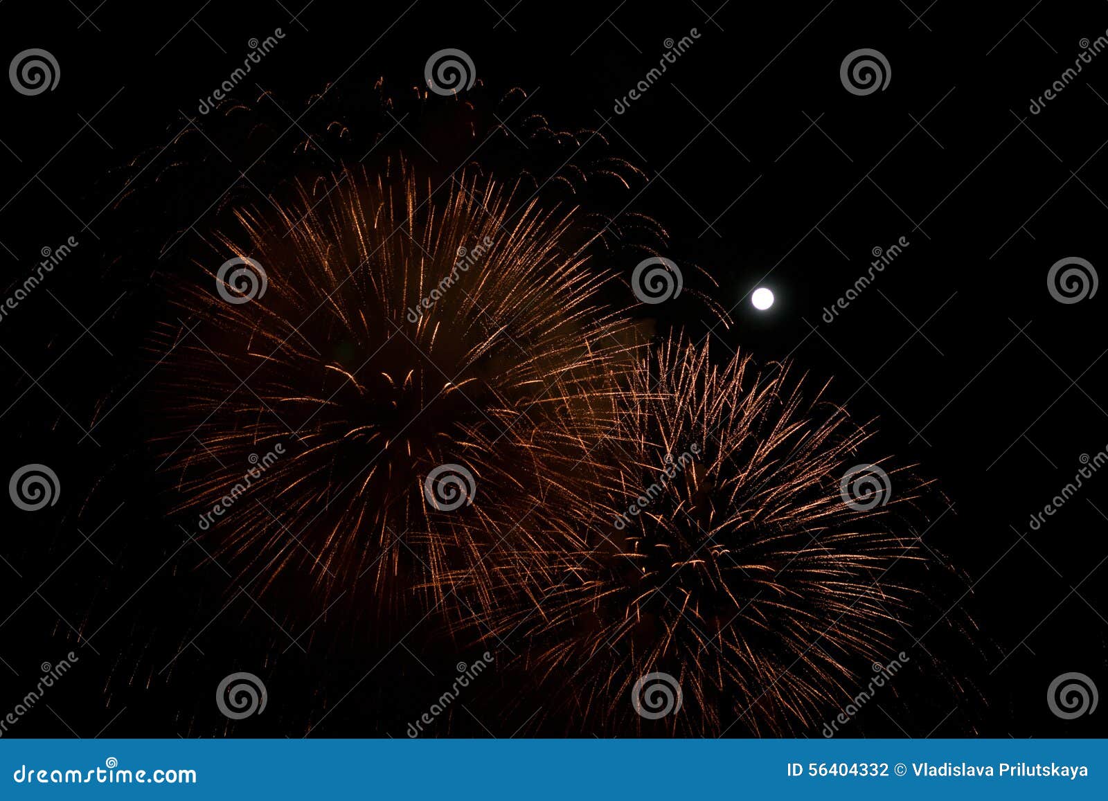 Red and Golden Fireworks at Night Background with Moon Stock Photo ...