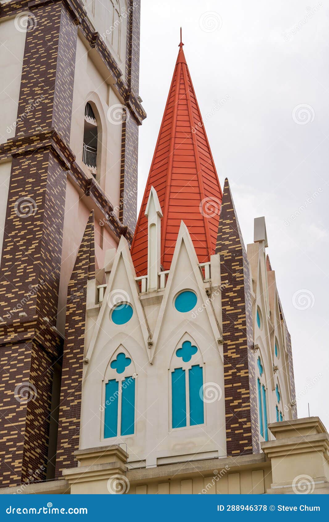 A Red Gothic Steeple Church Building Stock Photo - Image of road ...