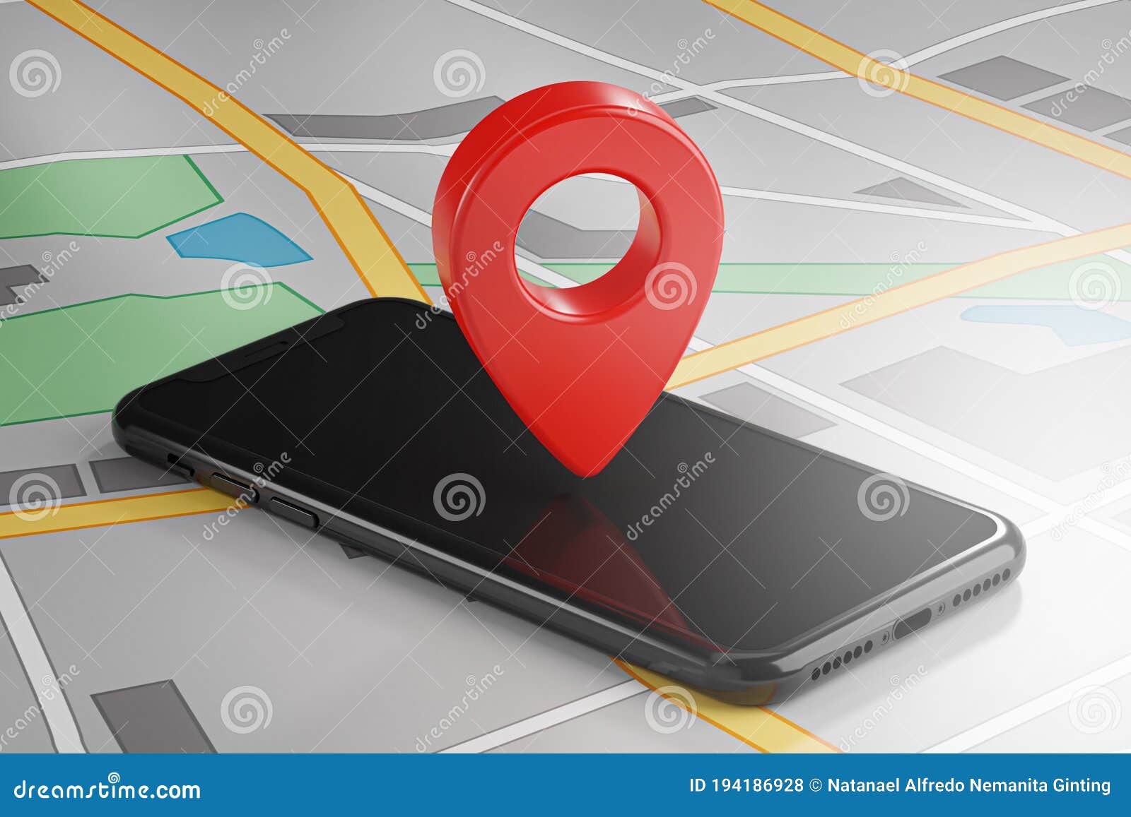 Red GPS Pin on Smartphone and Map. 3D Rendering Stock Illustration ...