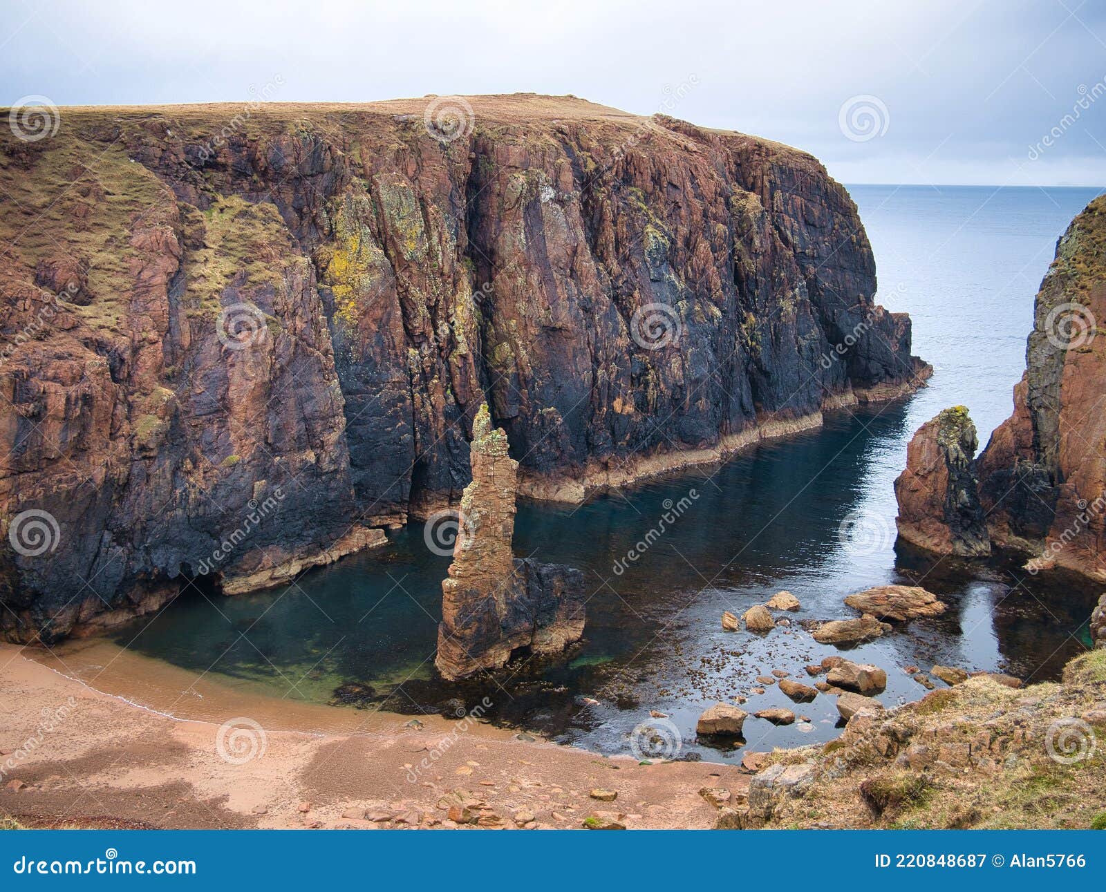 Red Granite Cliffs and Sea Stack on Muckle Roe, Shetland, UK - these ...