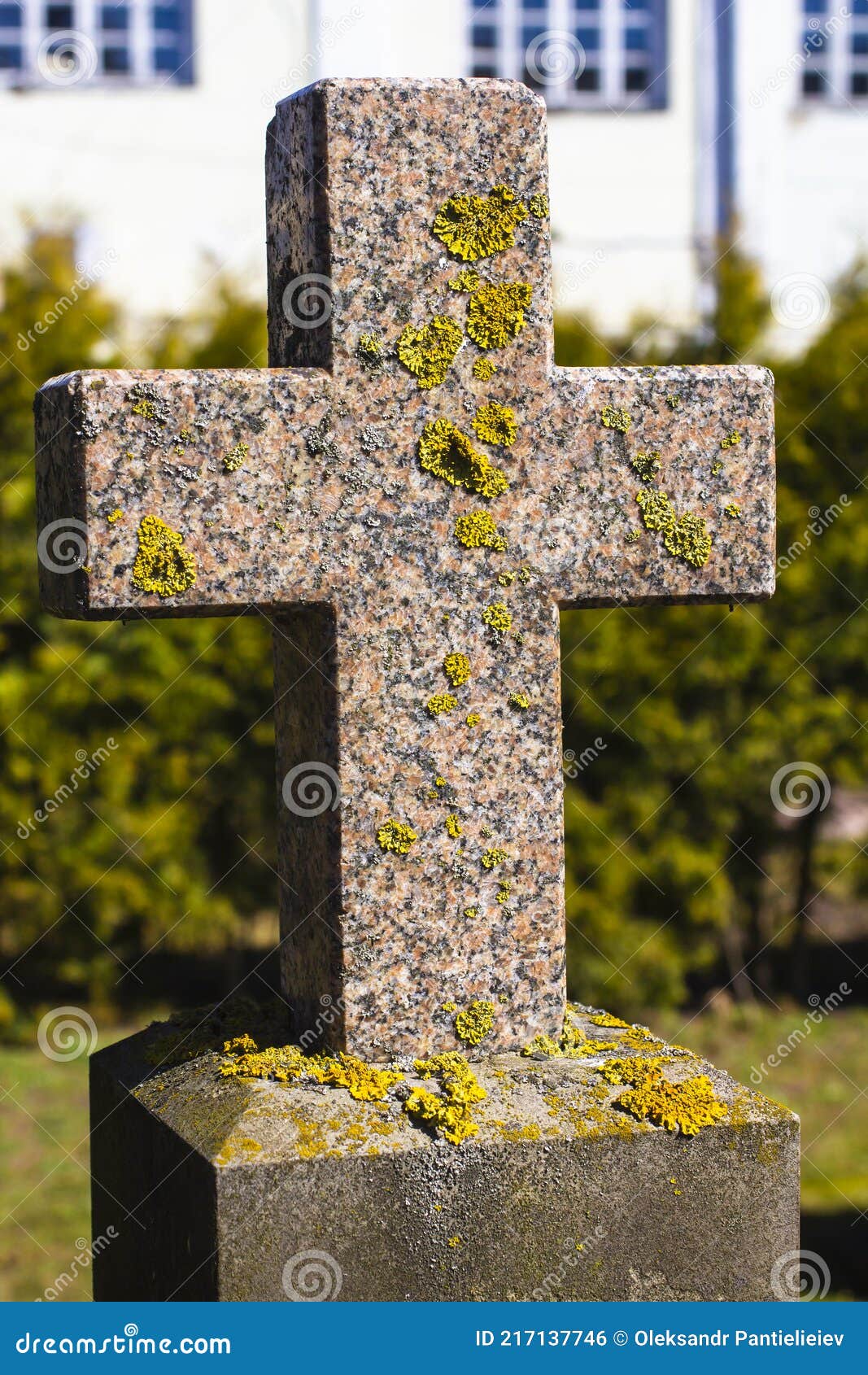 Red Granite Cross with Lichen. Old Stone Cross in the Old Cemetery ...