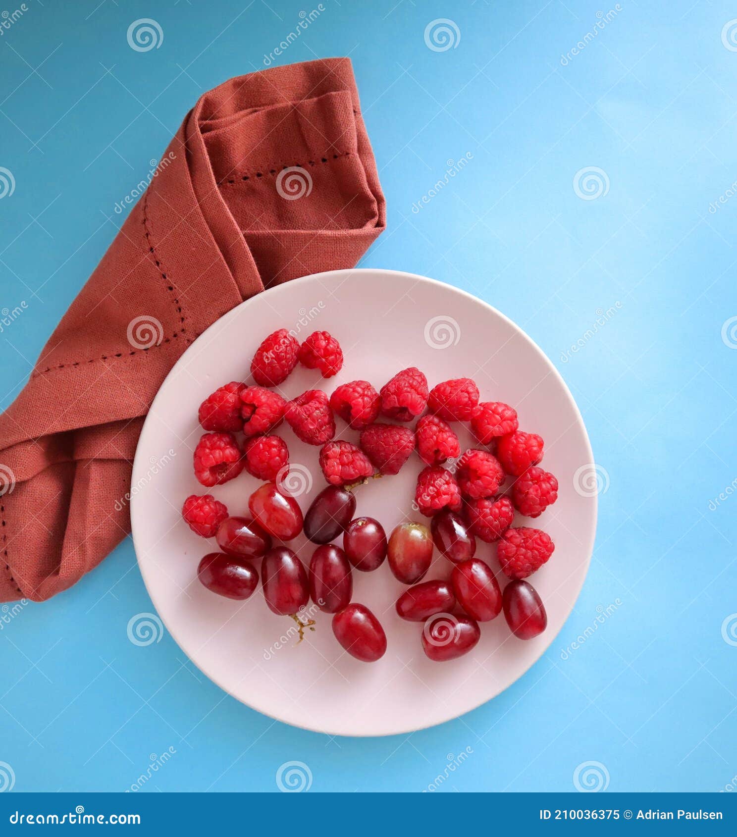 Red Grapes and Raspberries on a Pink Plate on Blue Background Stock ...