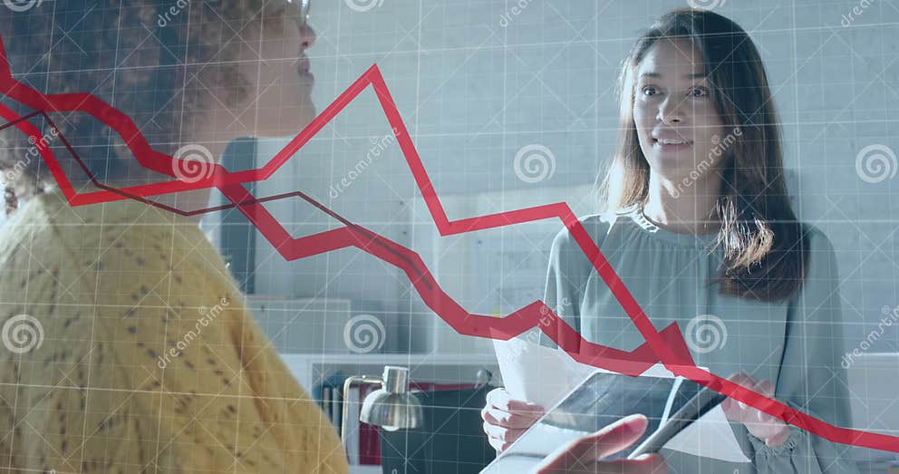 Red Graph Processing Data Over Happy Diverse Female Colleagues ...