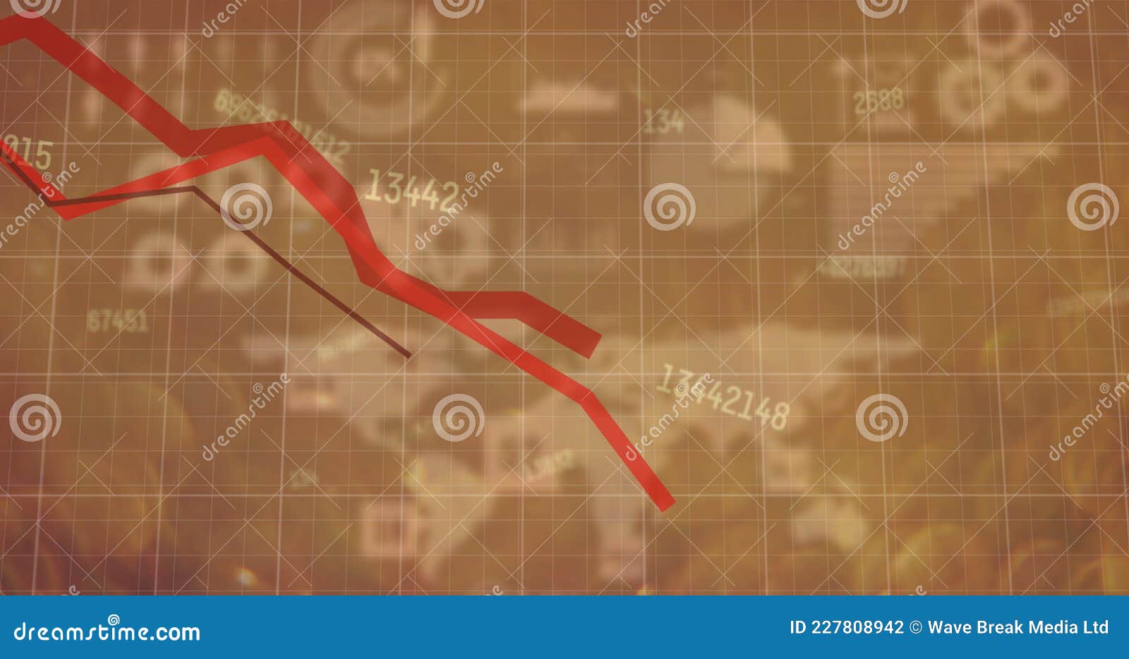Red Graphs and Multiple Changing Numbers Over Statistical Data Processing and World Map Stock ...