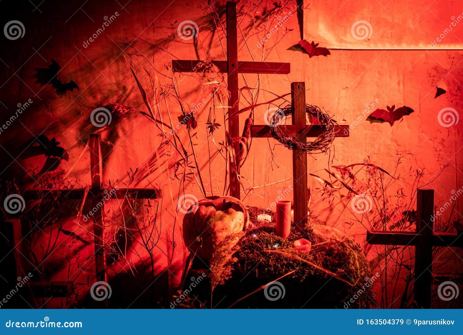 Red Grave Crosses. Horror Concept Stock Image - Image of castle, church ...