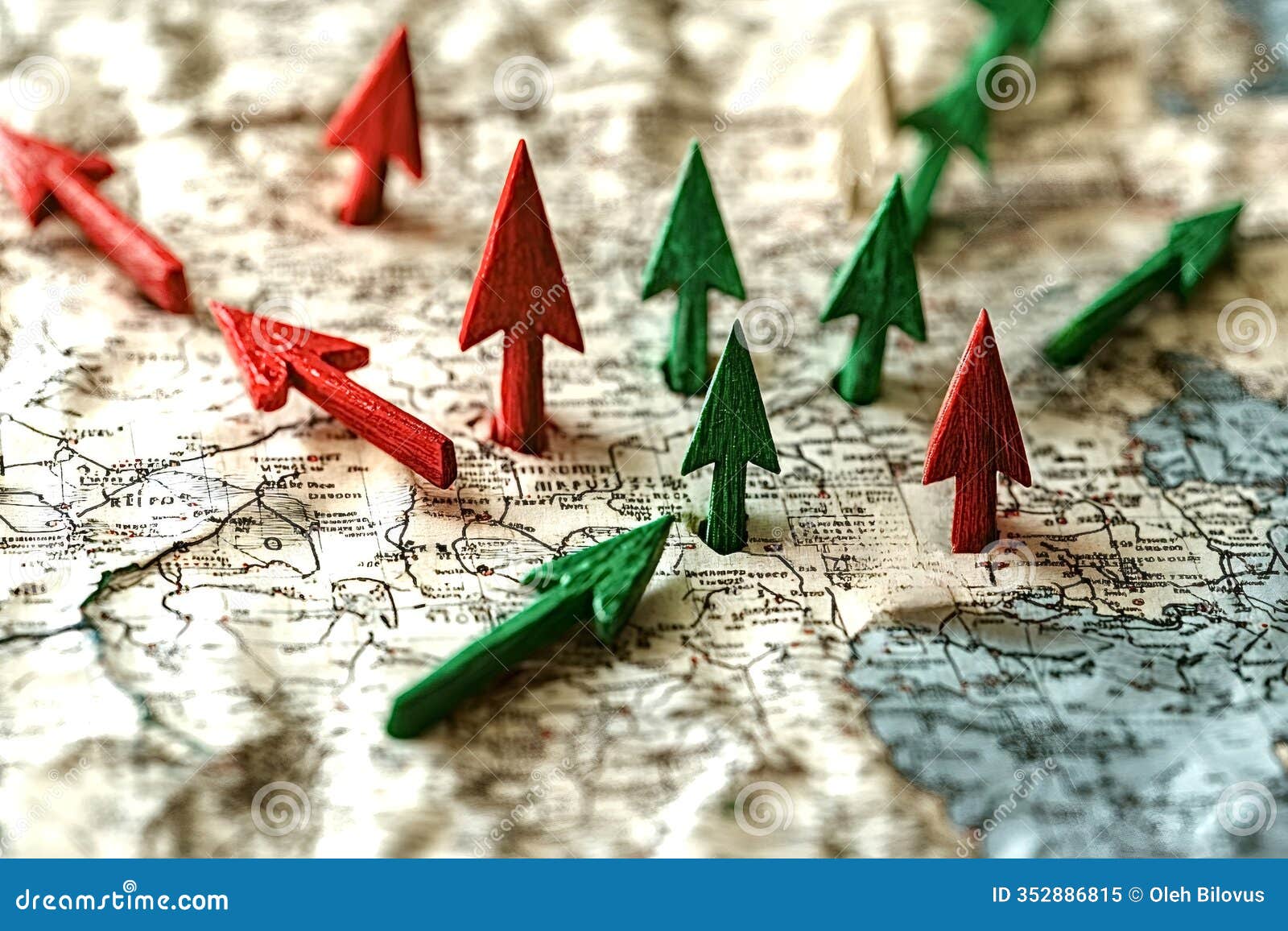 Red and Green Arrows Pointing in Different Directions on Vintage Map ...