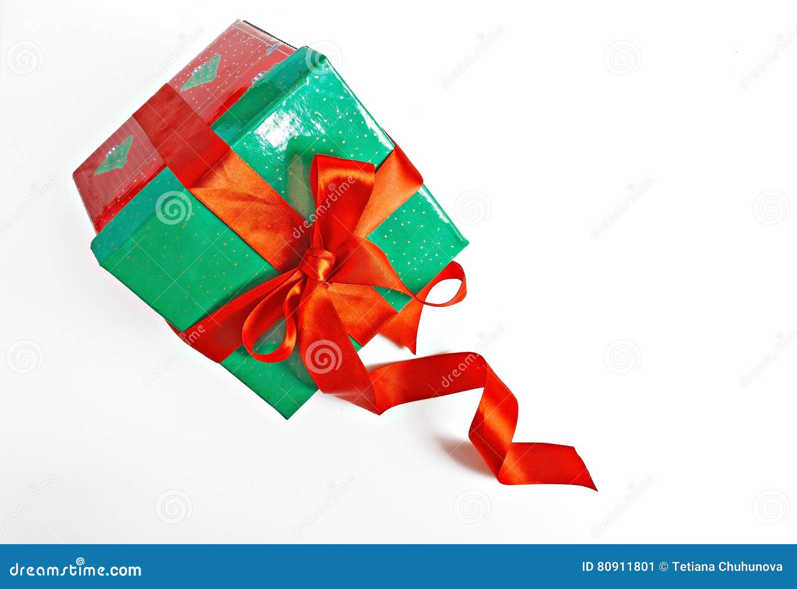 Red and Green Christmas Gift with Ribbon Isolated Stock Image - Image ...