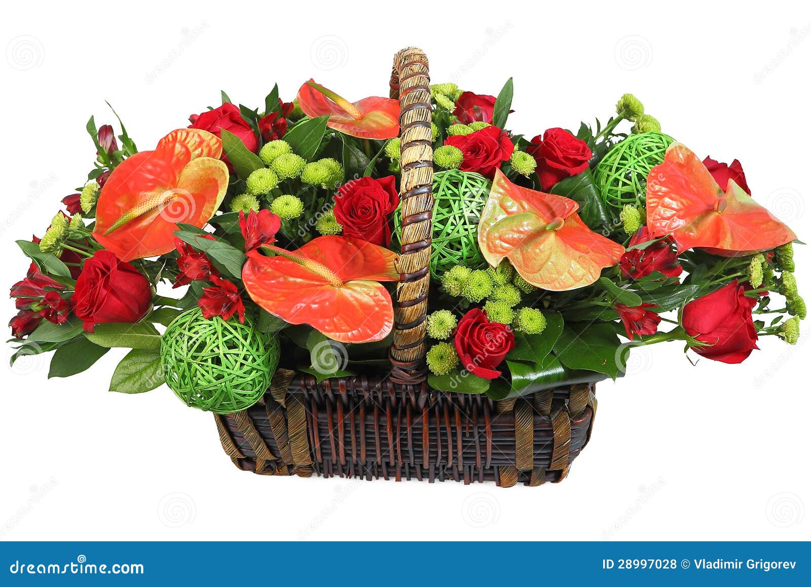 Red-and-green Floral Arrangement in a Wicker Basket. Stock Photo ...
