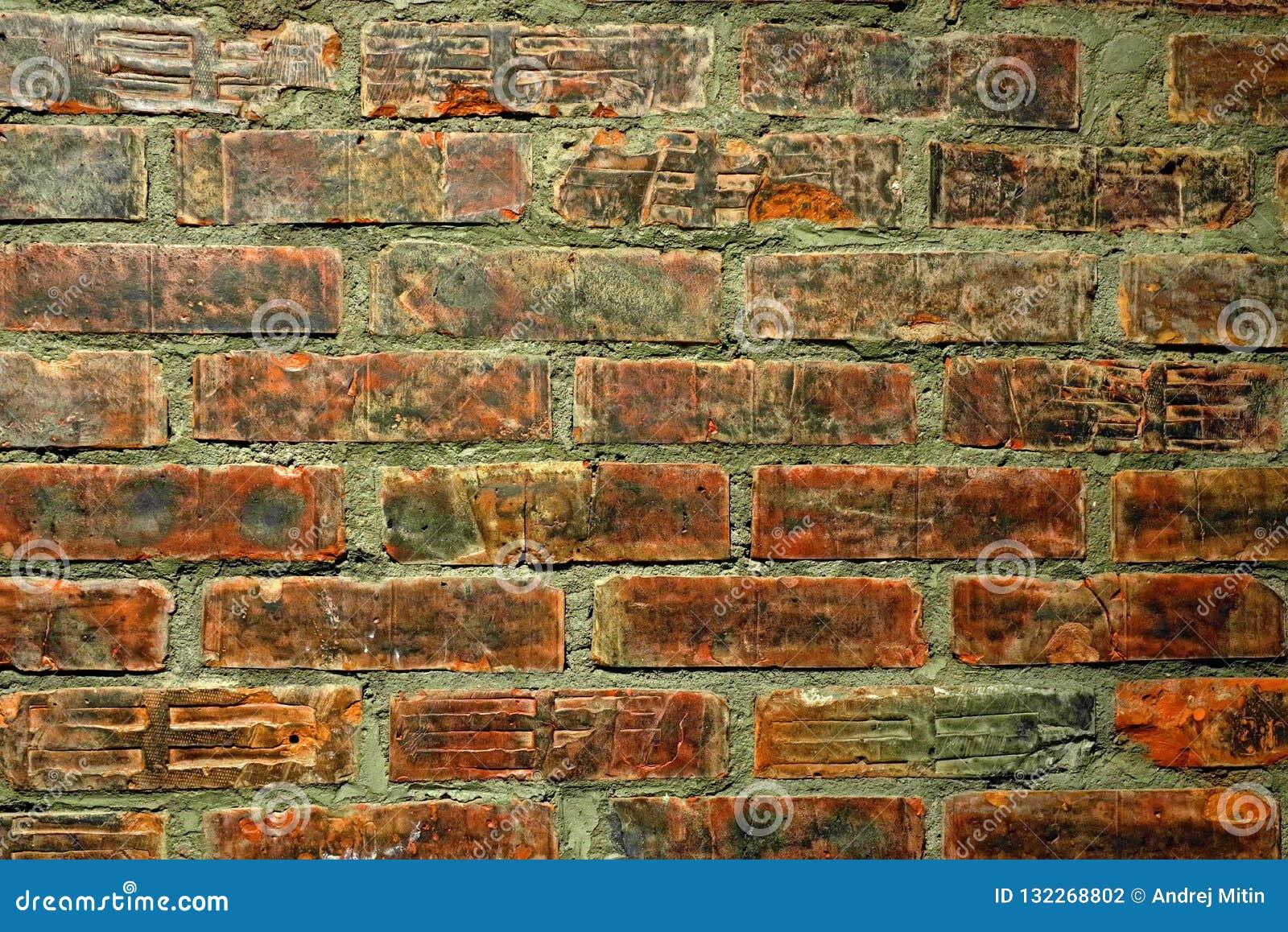 Red Green Old Worn Brick Wall Texture Background. Stock Photo - Image of background, block ...
