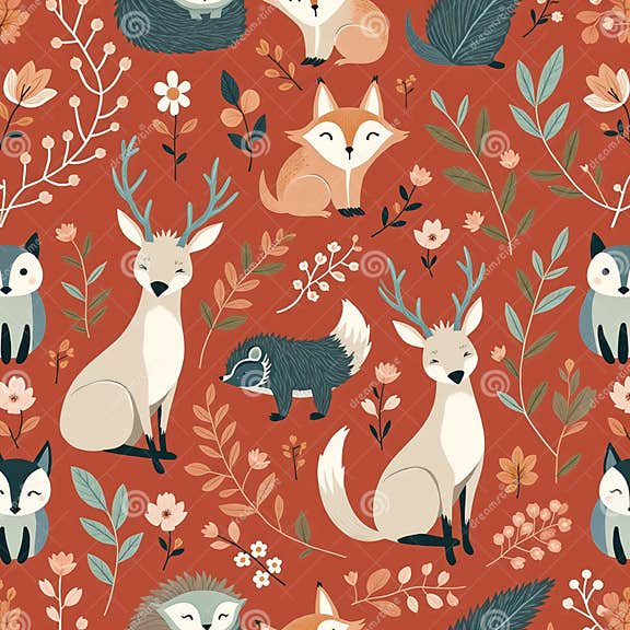 A Red and Green Patterned Background with a Variety of Animals Stock ...