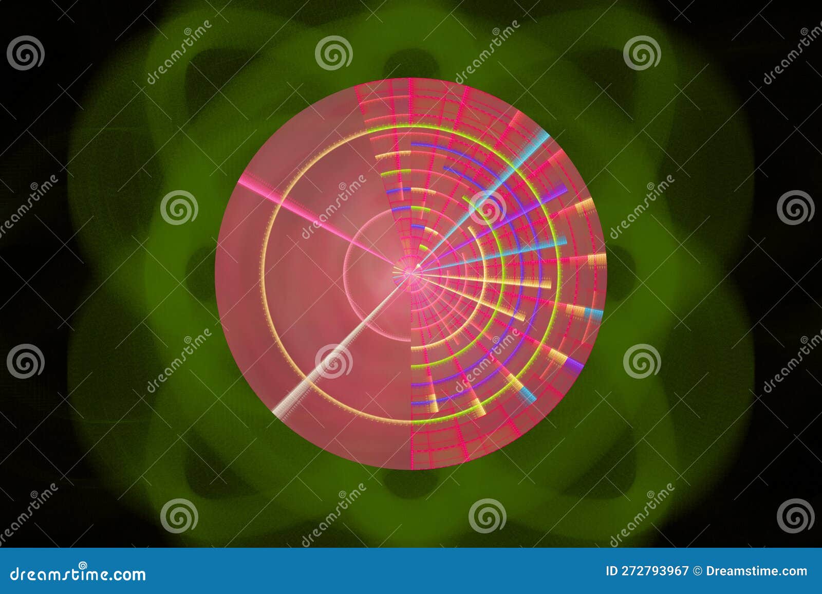 Red Green Round Pattern of Curved Waves and Rays on a Black Background ...