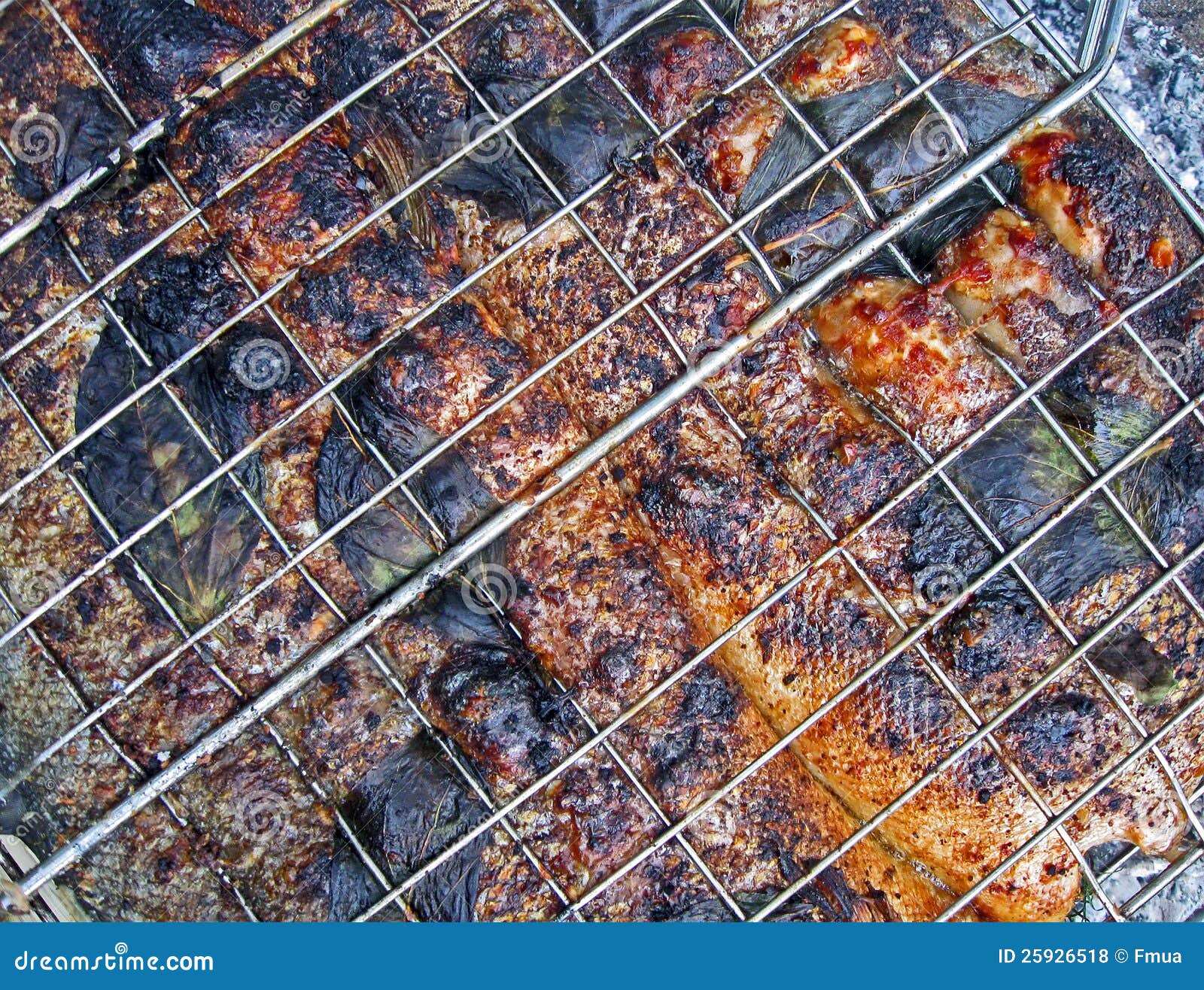 Red Grilled Fish Cooking on Metal Grid, Picnic, Stock Photo - Image of ...