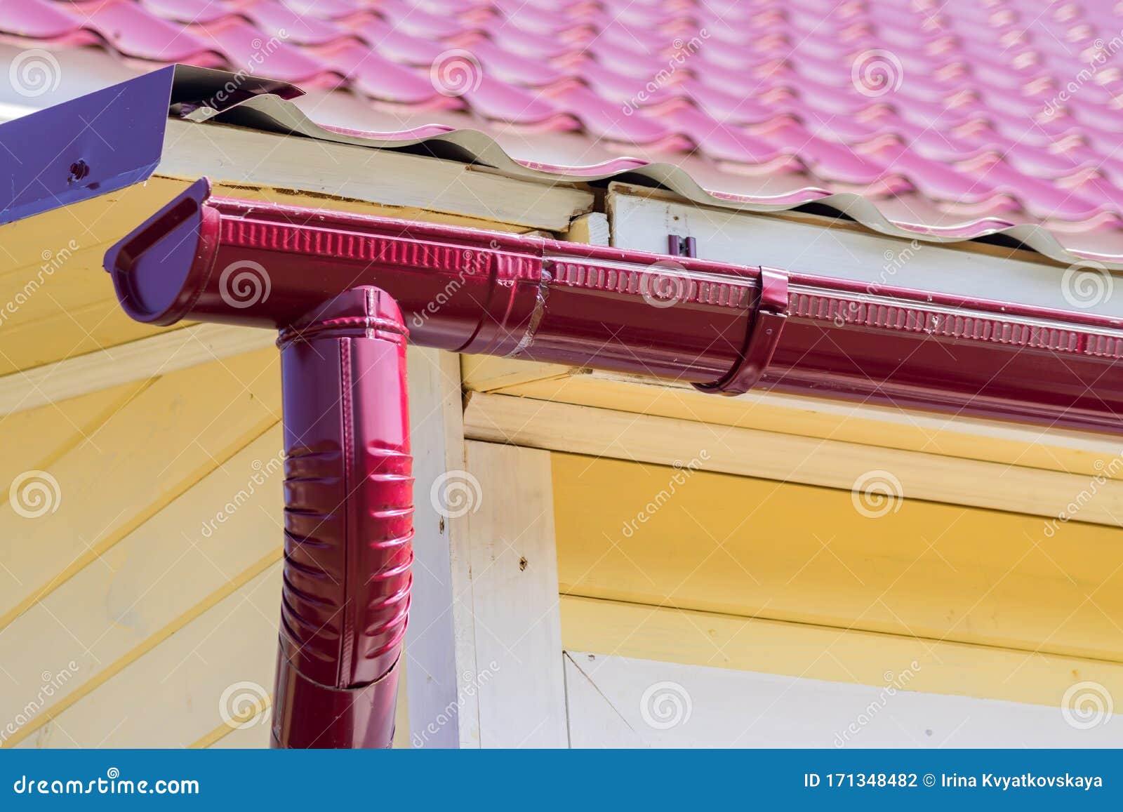 Red Gutter on the Roof Top of House Stock Photo - Image of outside ...