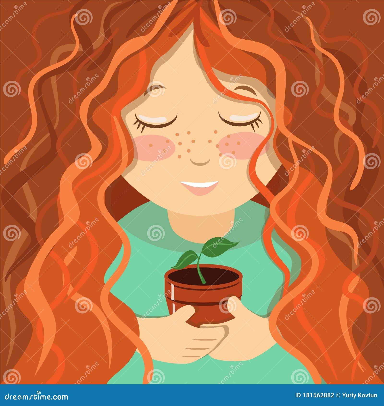 Red Hair Girl Freckles Holding Flowerpot Houseplant Stock Vector