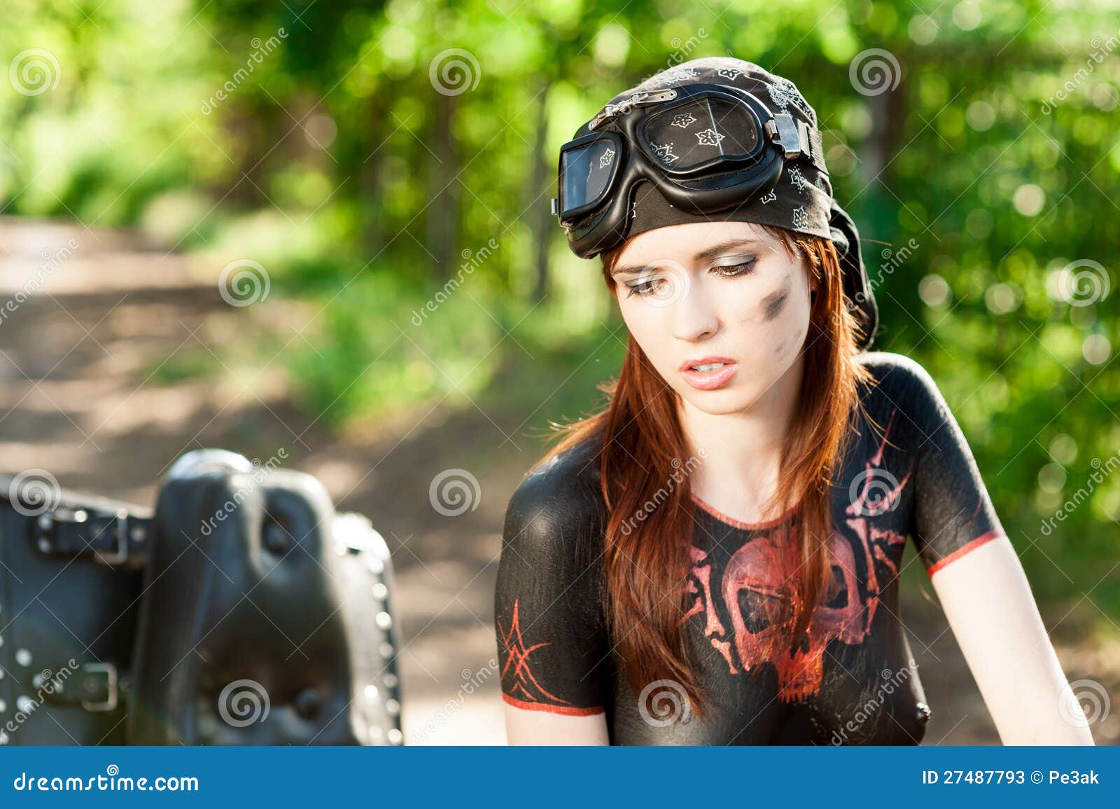 Red-haired biker girl stock image. Image of bodyart, emotion - 27487793