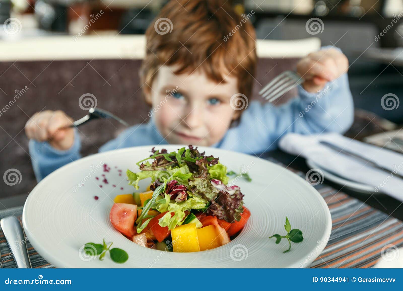 Red Haired Boy with Forks Eating Salad Stock Image - Image of hair ...