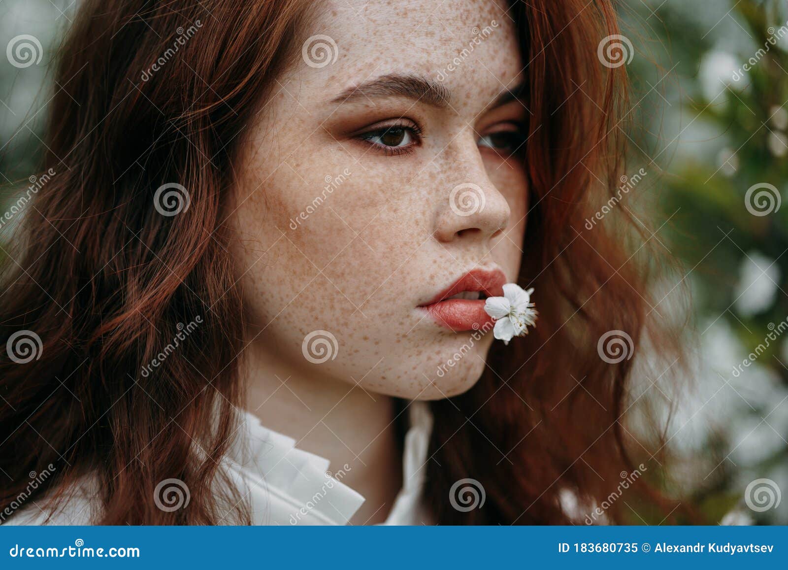 Red Haired Girl With Freckles In Cherry Blossom Stock Image Image Of