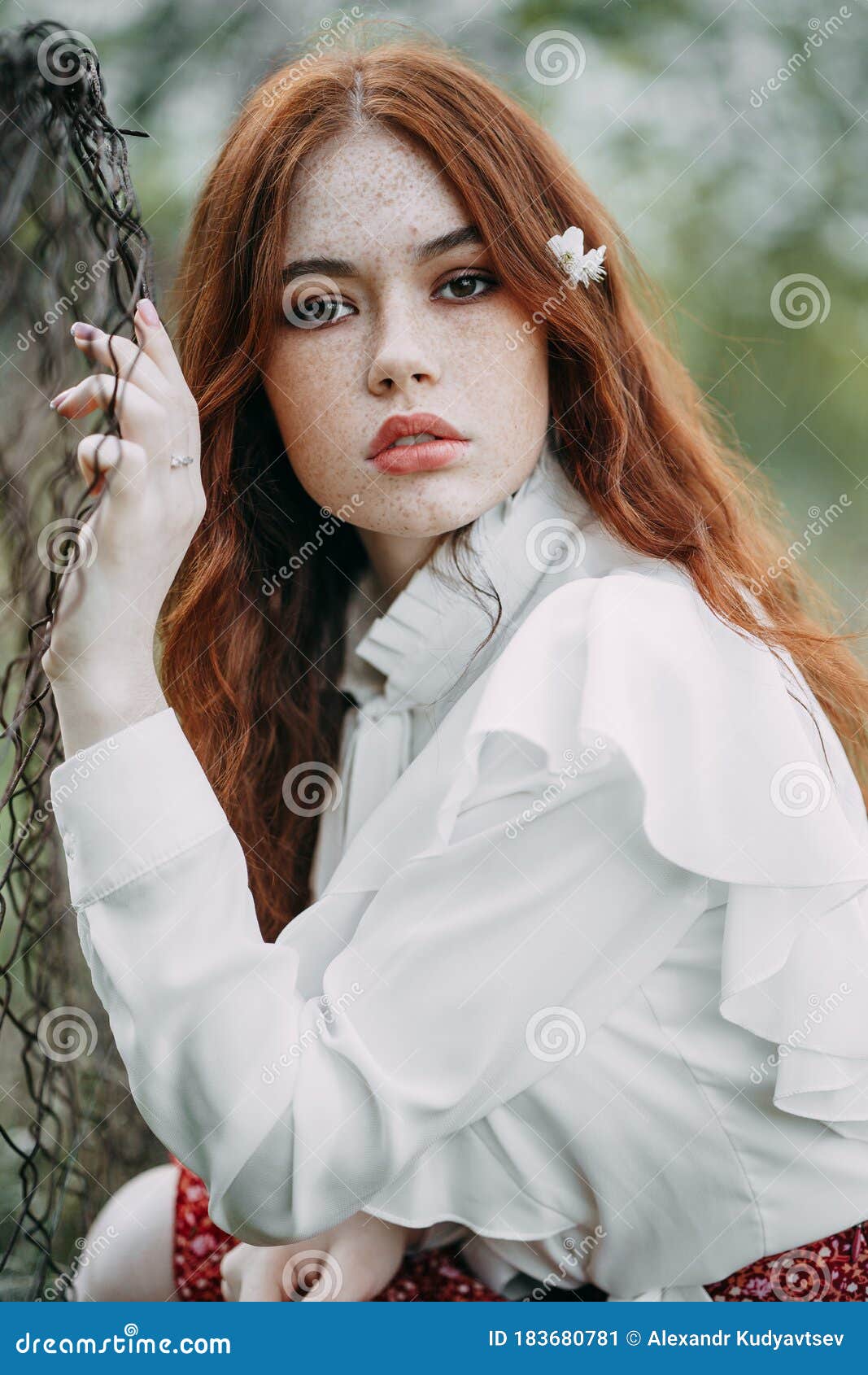 Red Haired Girl With Freckles In Cherry Blossom Stock Image Image Of
