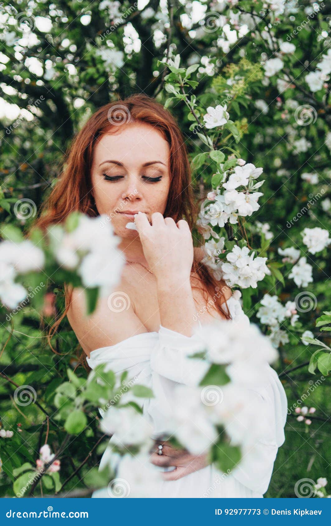 Red Haired Girl With Freckles Near The Apple Tree Stock Image Image