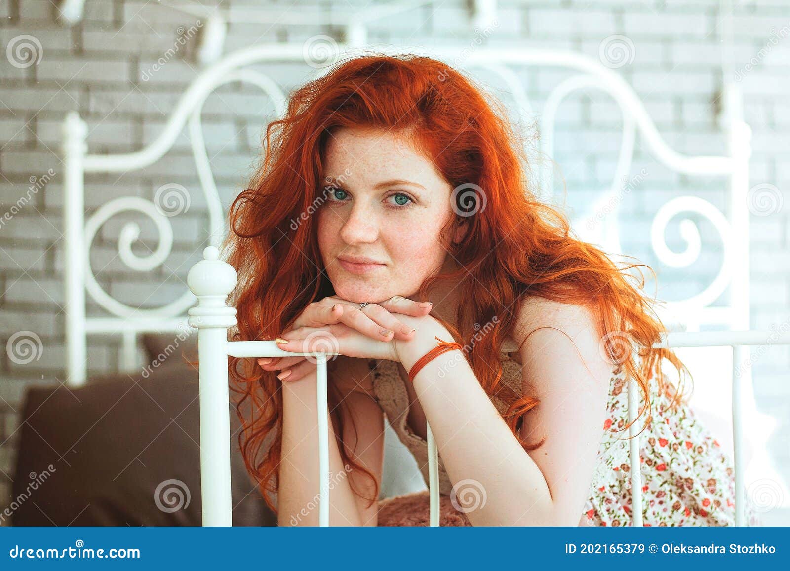 The Red Haired Girl With Freckles Wake Up Early Morning And Stretching