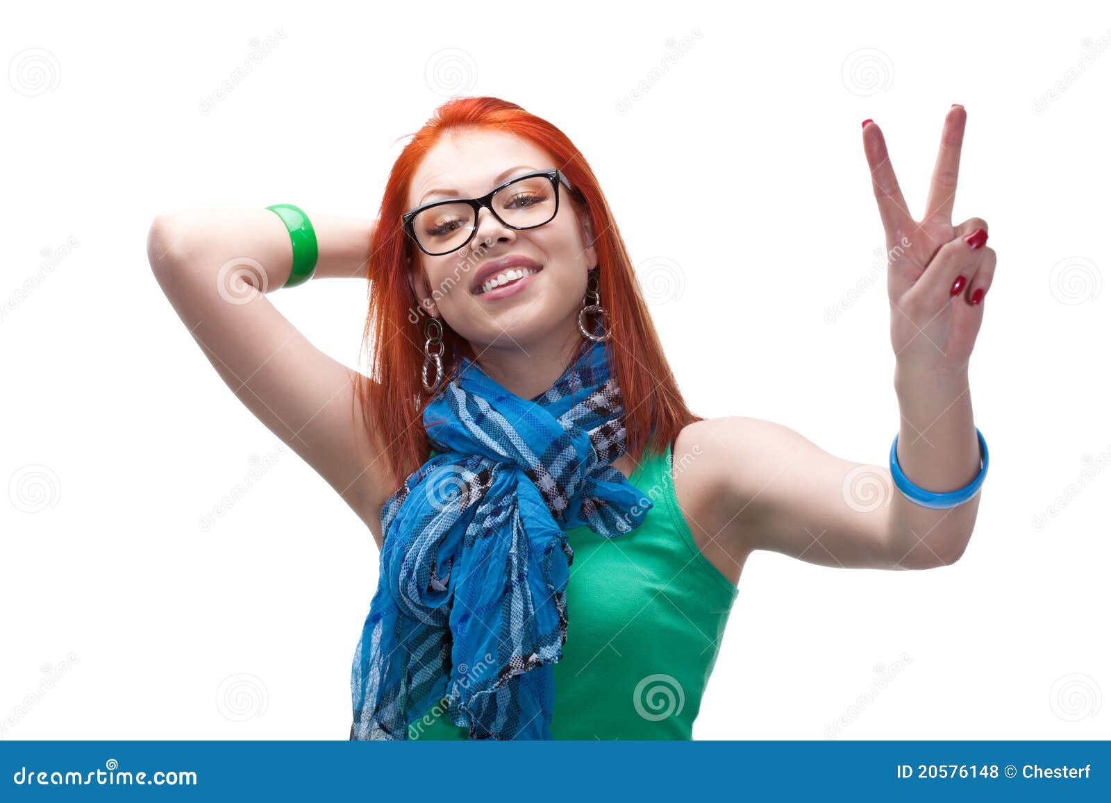 Red Haired Girl Showing Peace Gesture Stock Photo - Image of joyful ...