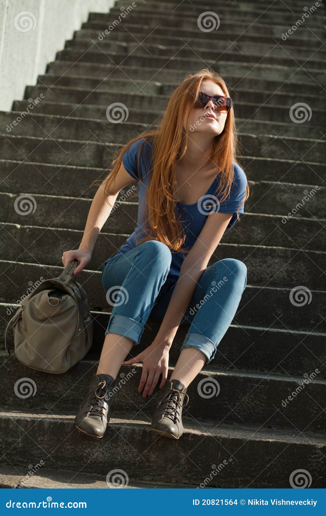 Red-haired Girl Sitting on the Stairs Stock Photo - Image of urban ...