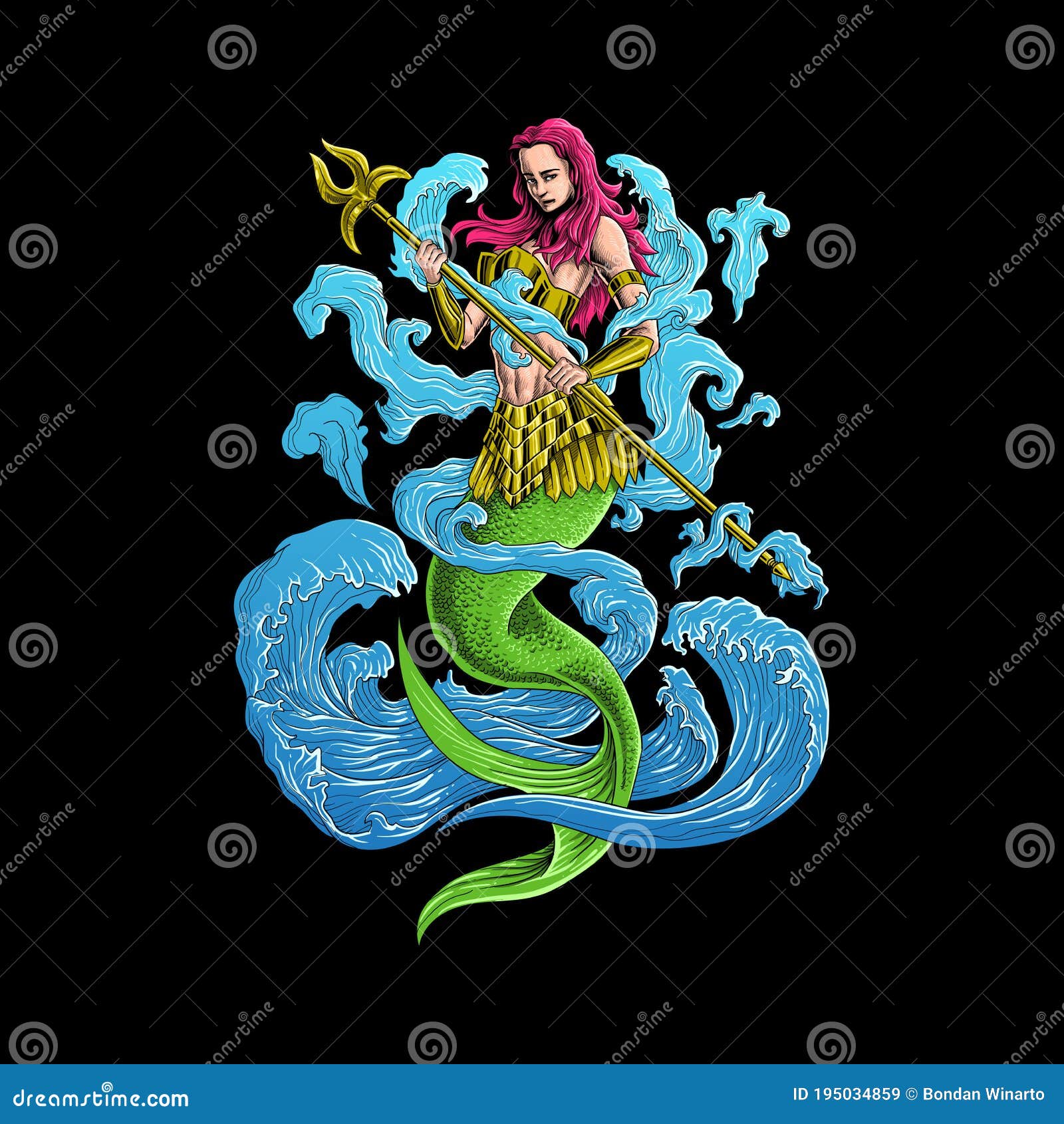 A Red Haired Mermaid Carrying a Spear Stock Illustration - Illustration ...
