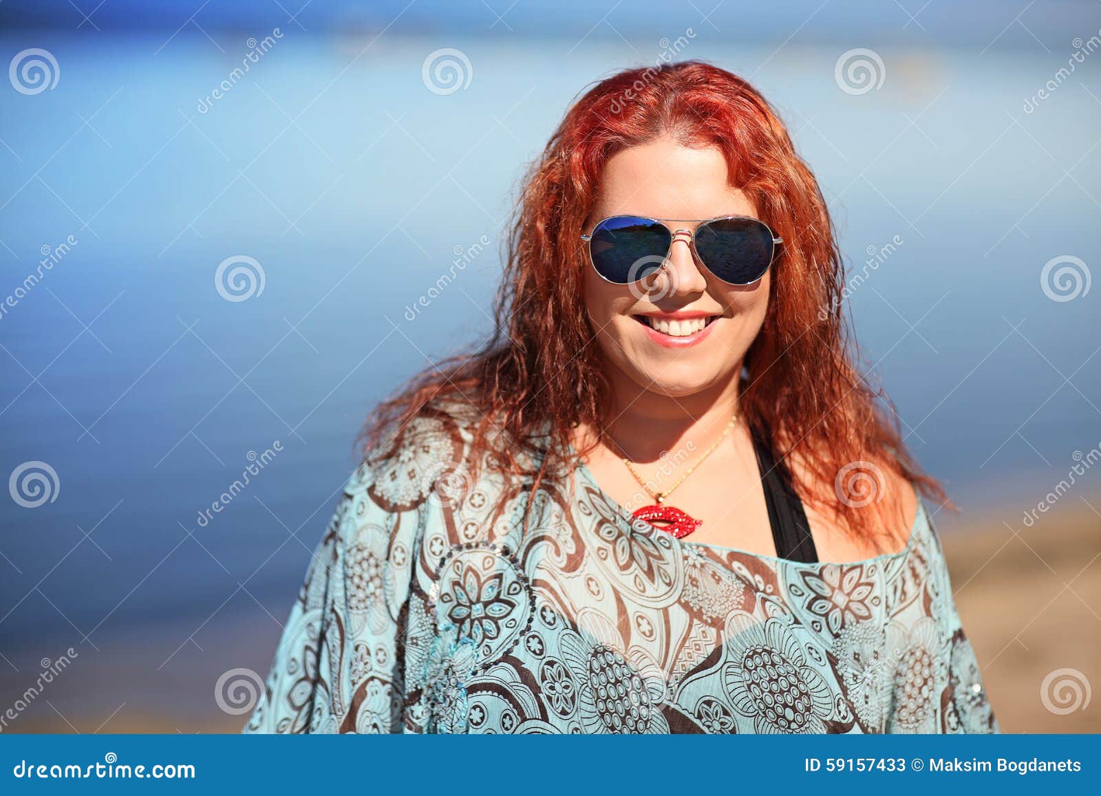Red-haired Plus Size Woman Resting on Coast Stock Image - Image of ...