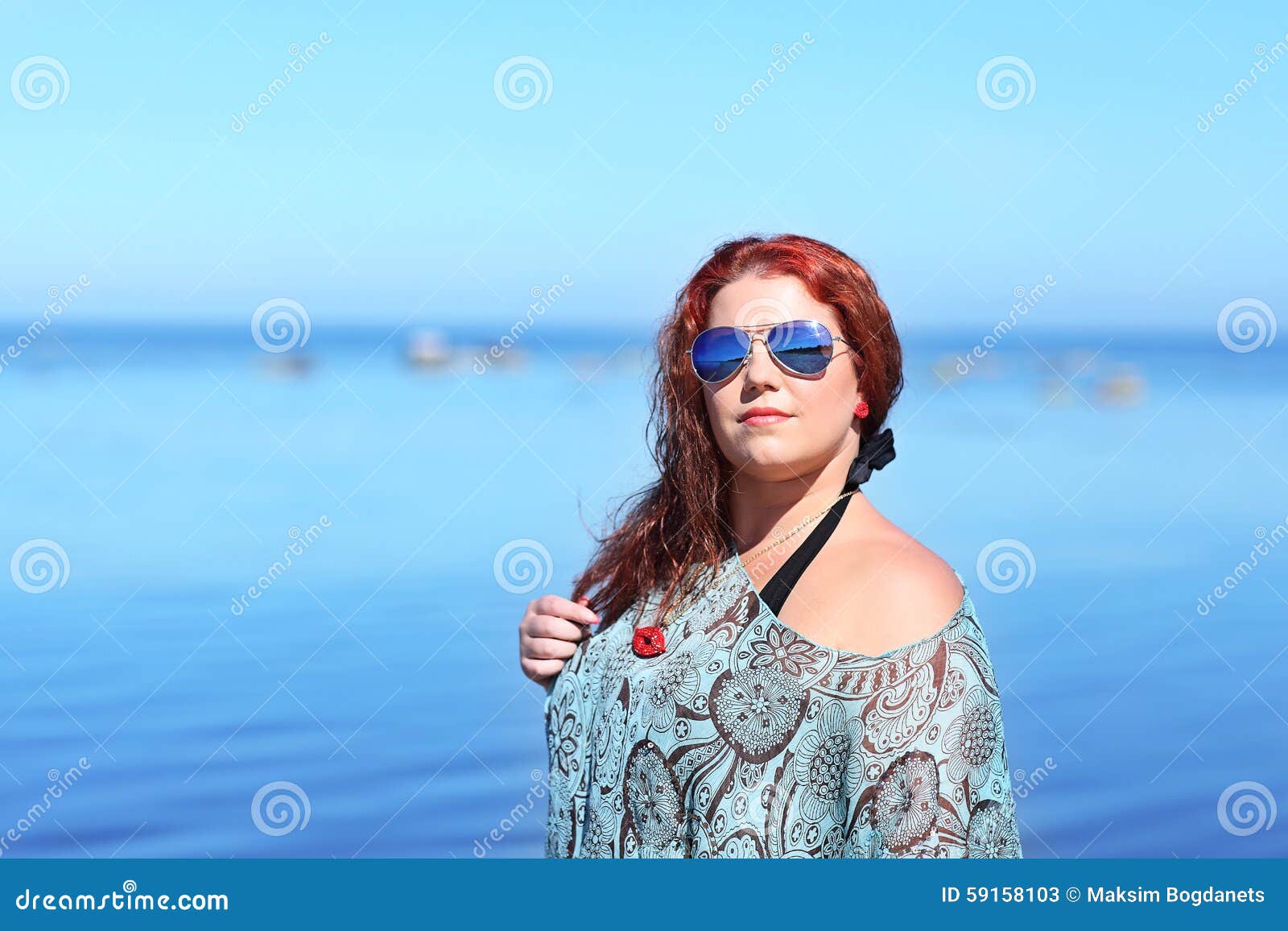 Red-haired Plus Size Woman Resting on Coast Stock Image - Image of ...