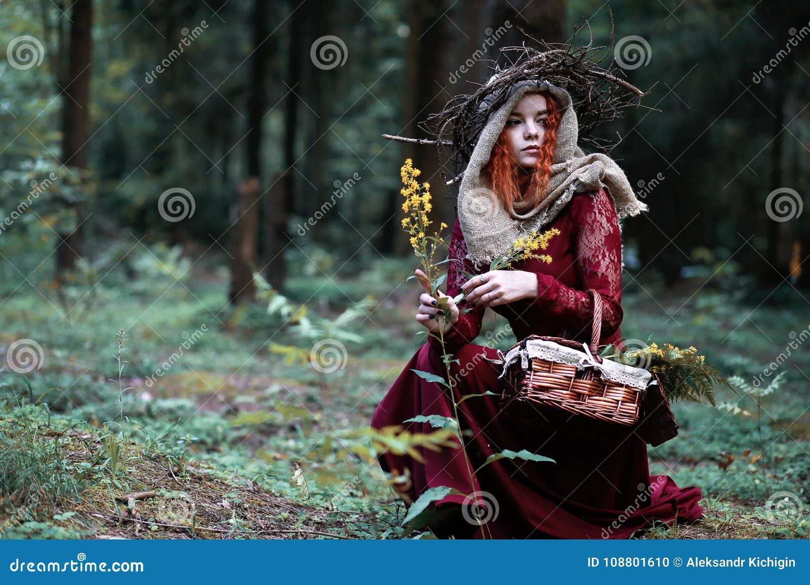 The Red-haired Witch Holds a Ritual with a Crystal Ball Stock Photo ...