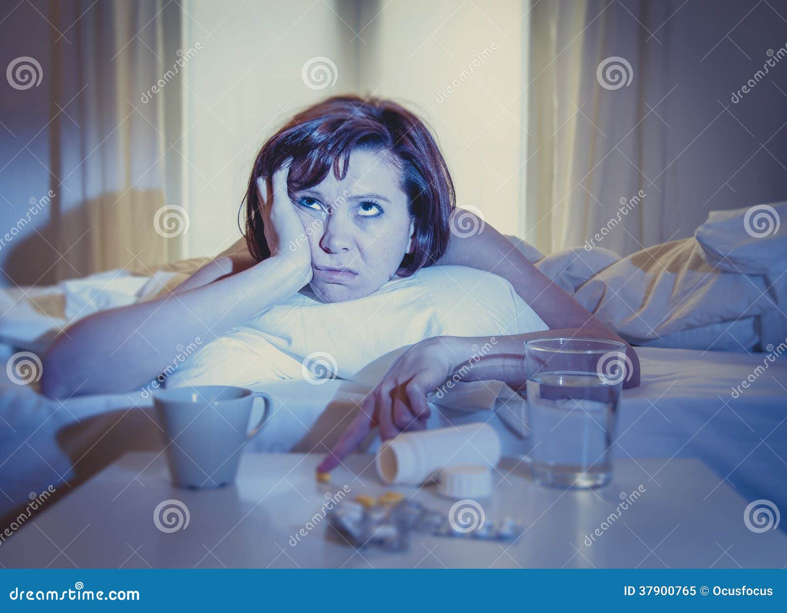 Red Haired Woman Sick in Bed with Medicine Stock Image - Image of ...