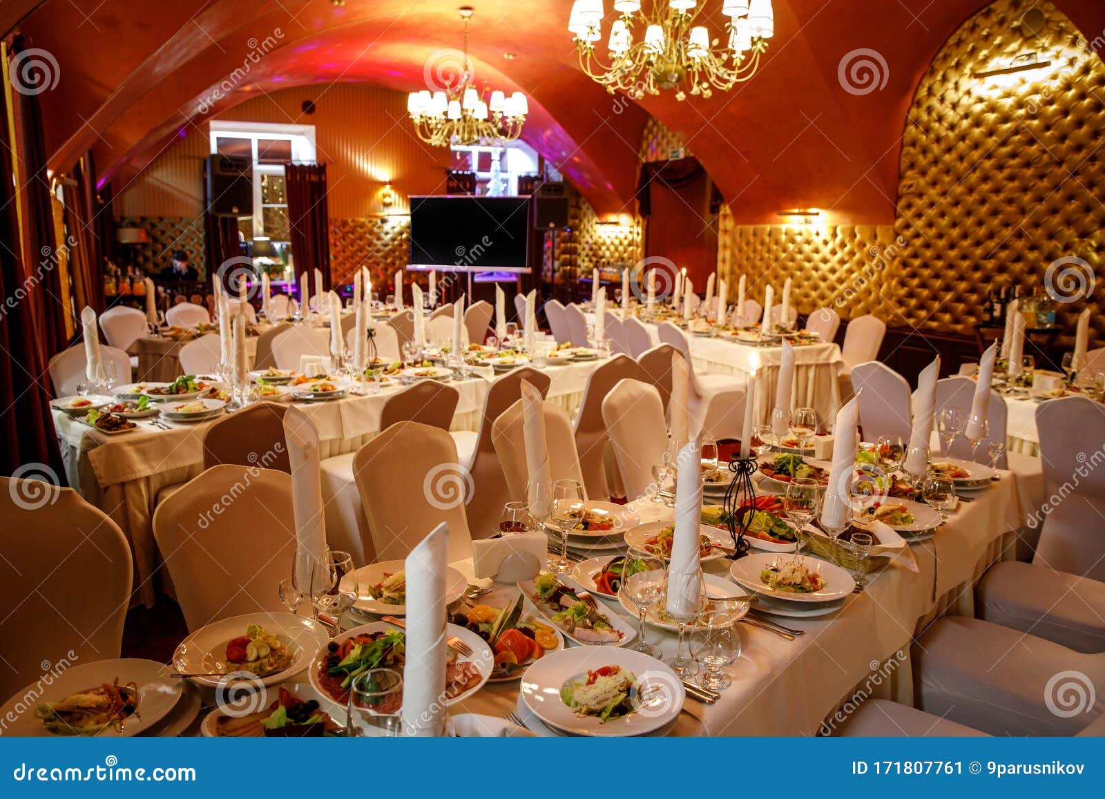 Red Hall Ready for the Banquet Stock Image - Image of design, chair ...