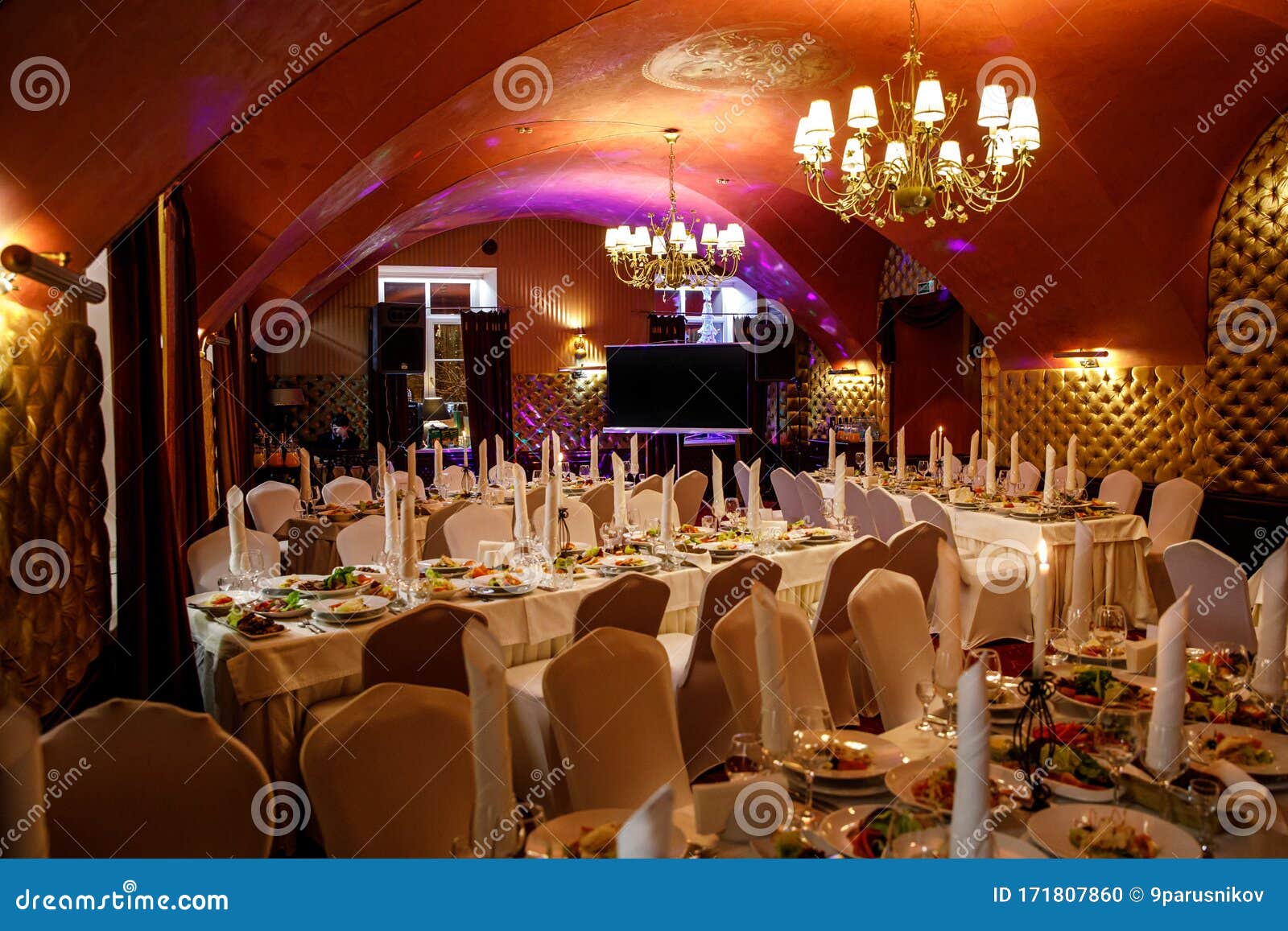 Red Hall Ready for the Banquet Stock Photo - Image of design, decor ...