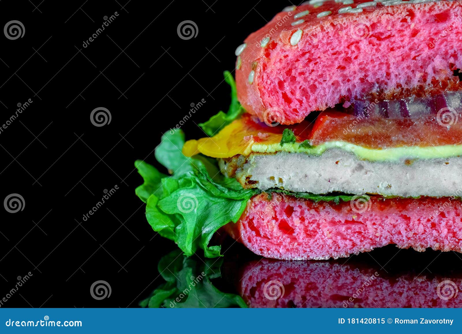 Red Hamburger on a Black Background Macro Stock Image - Image of bread ...