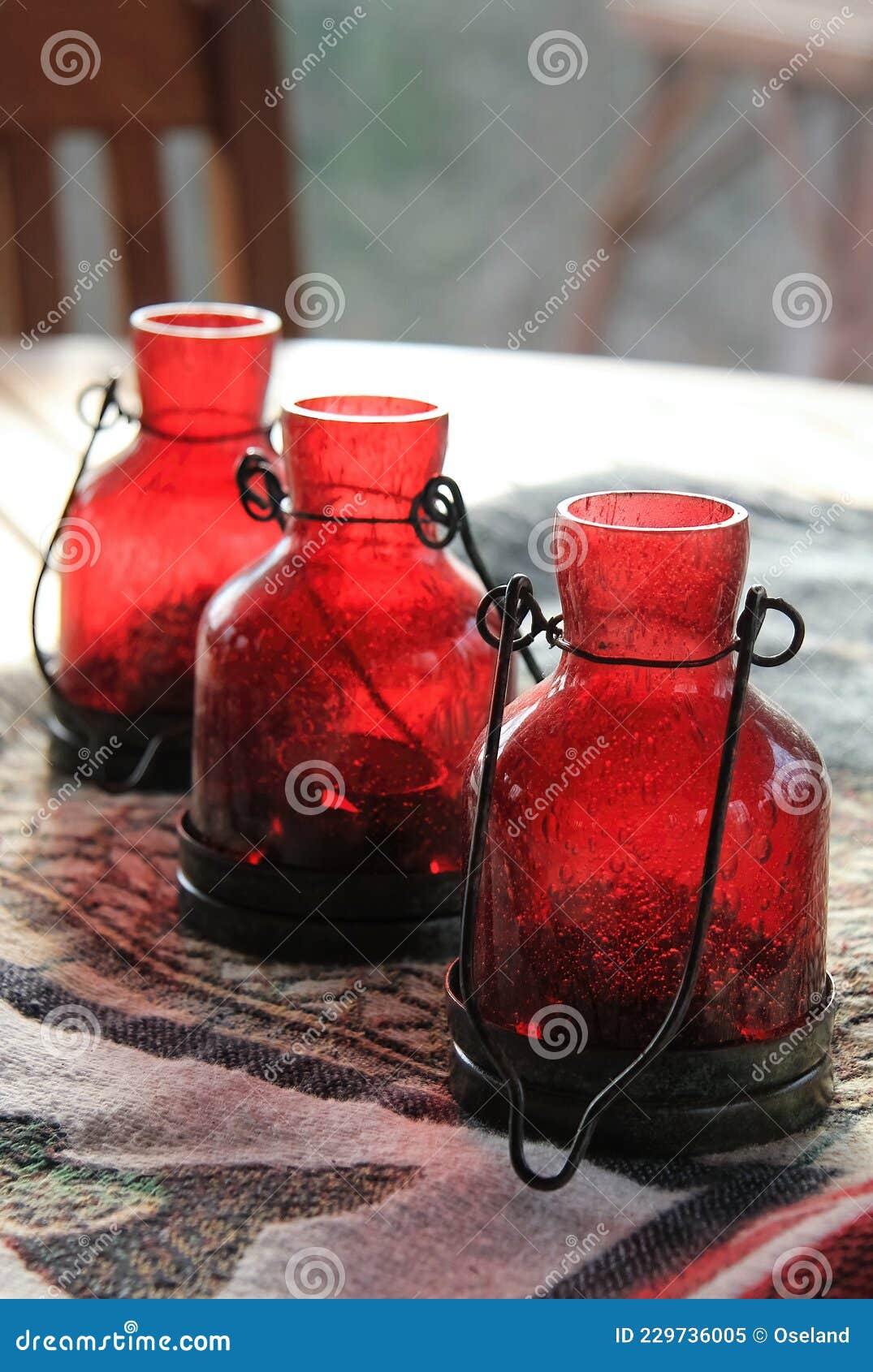 Red Hand Blown Bubble Glass Lanterns. Copy Space. Stock Image - Image ...