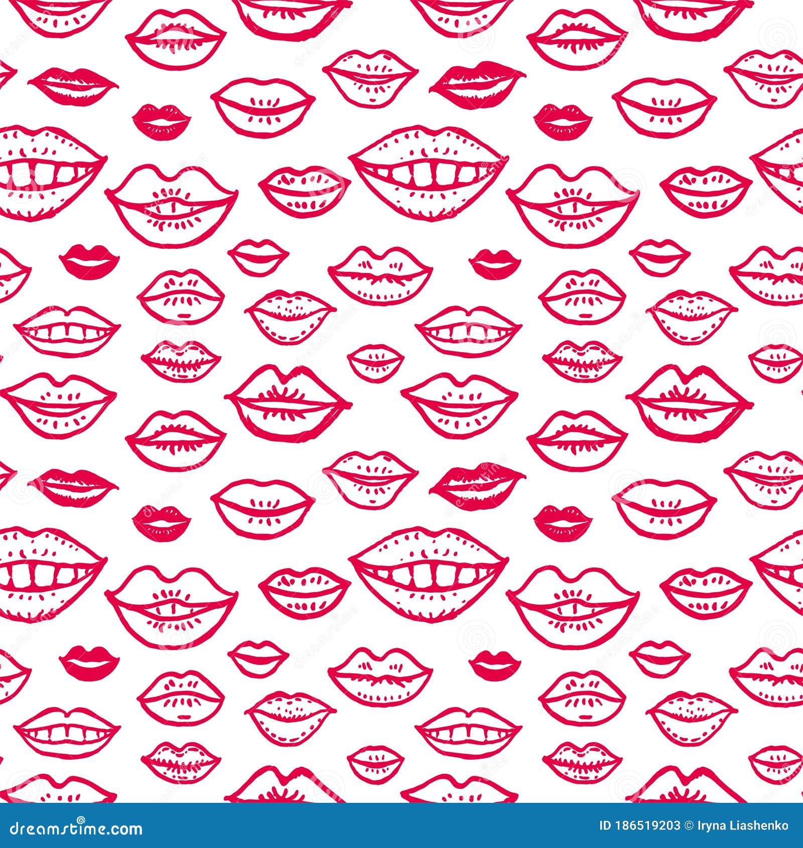 Red Hand Drawn Lips Seamless Pattern. Stock Illustration - Illustration ...