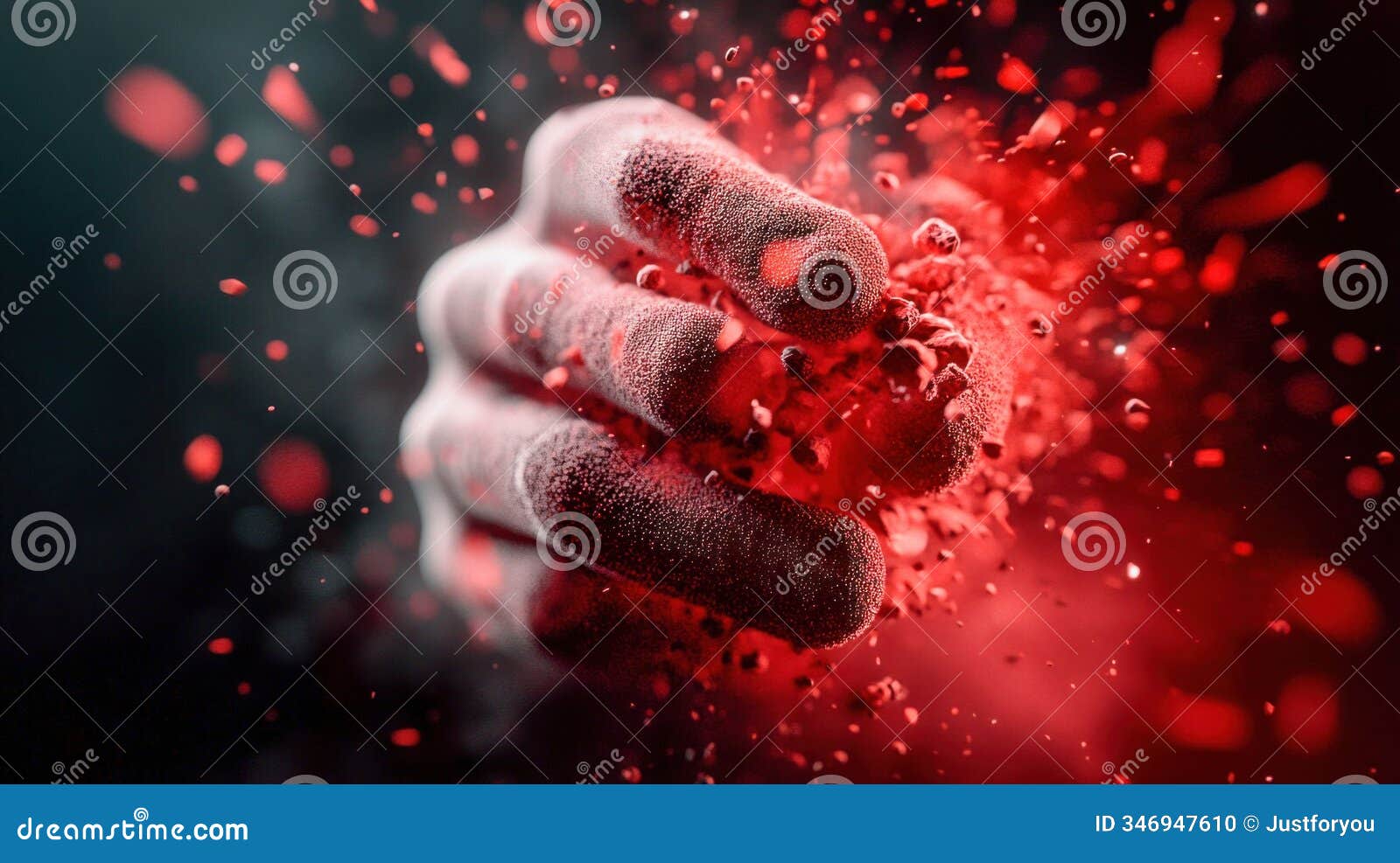 Red Hand Exploding with Energy and Particles Stock Photo - Image of ...