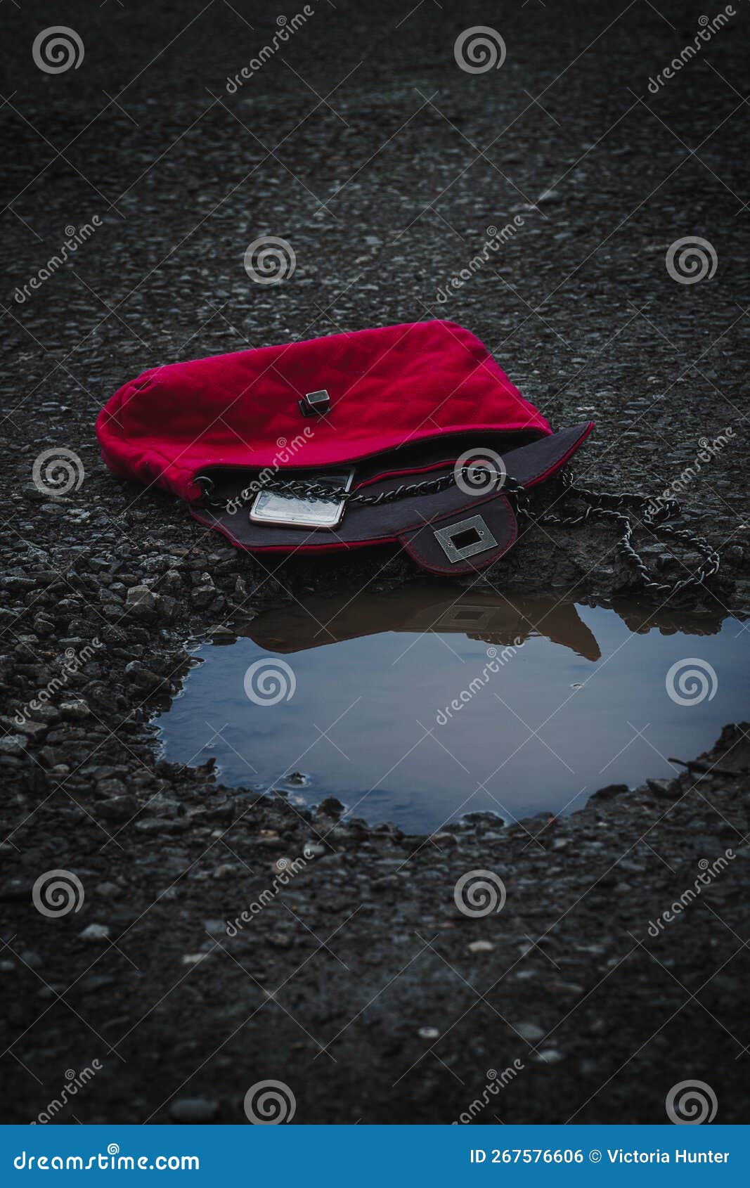 Red Handbag on the Ground. Mobile Phone Falling Out with Cracked and ...