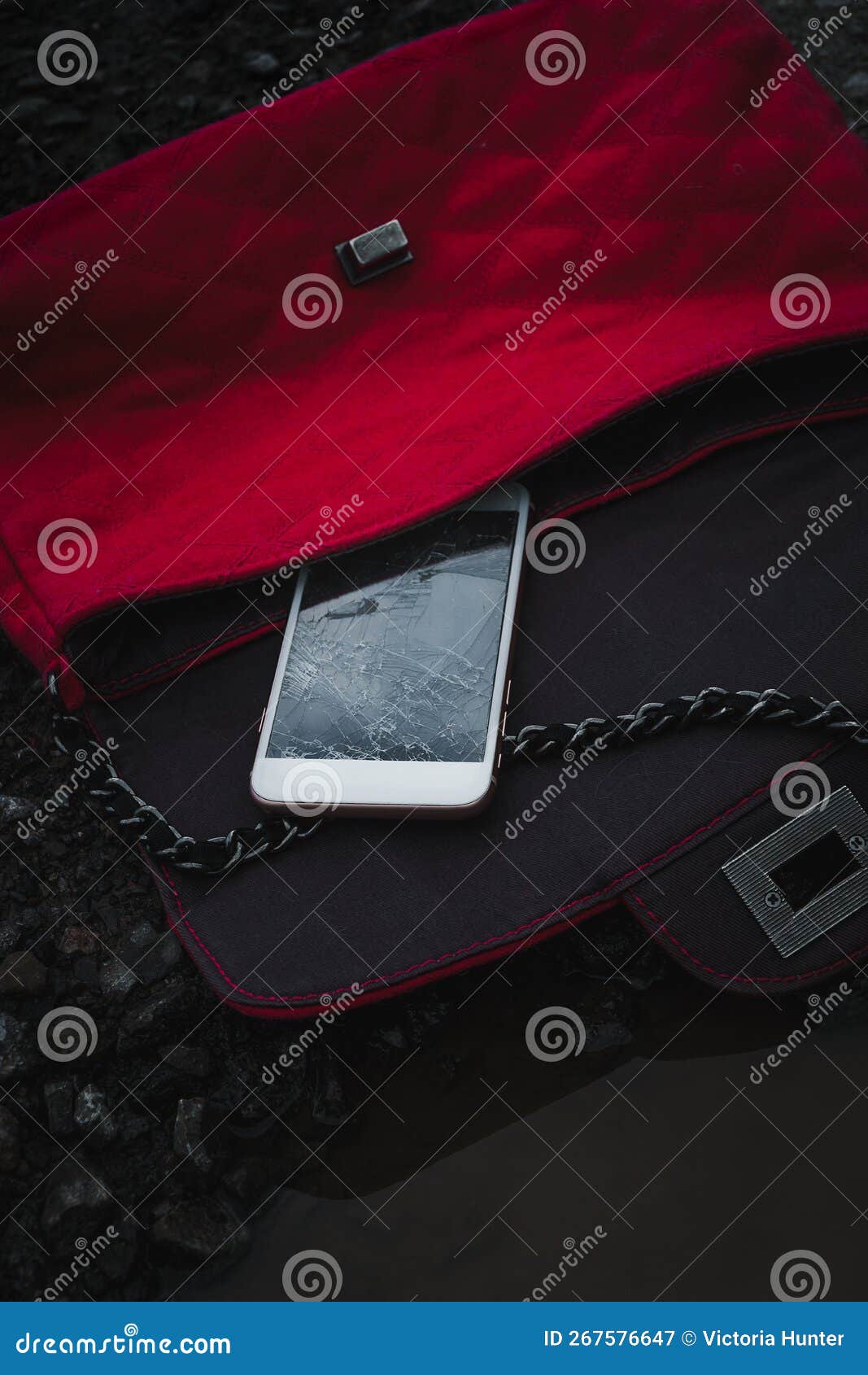 Red Handbag on the Ground. Mobile Phone Falling Out with Cracked and ...