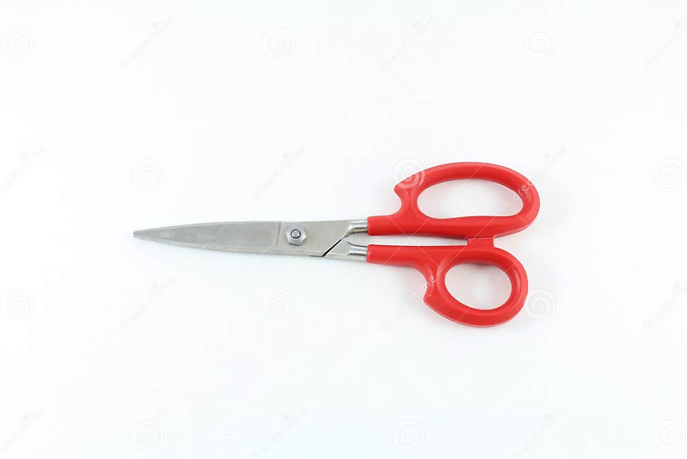 Red Handle Scissors in the Closed Position Stock Photo - Image of white ...