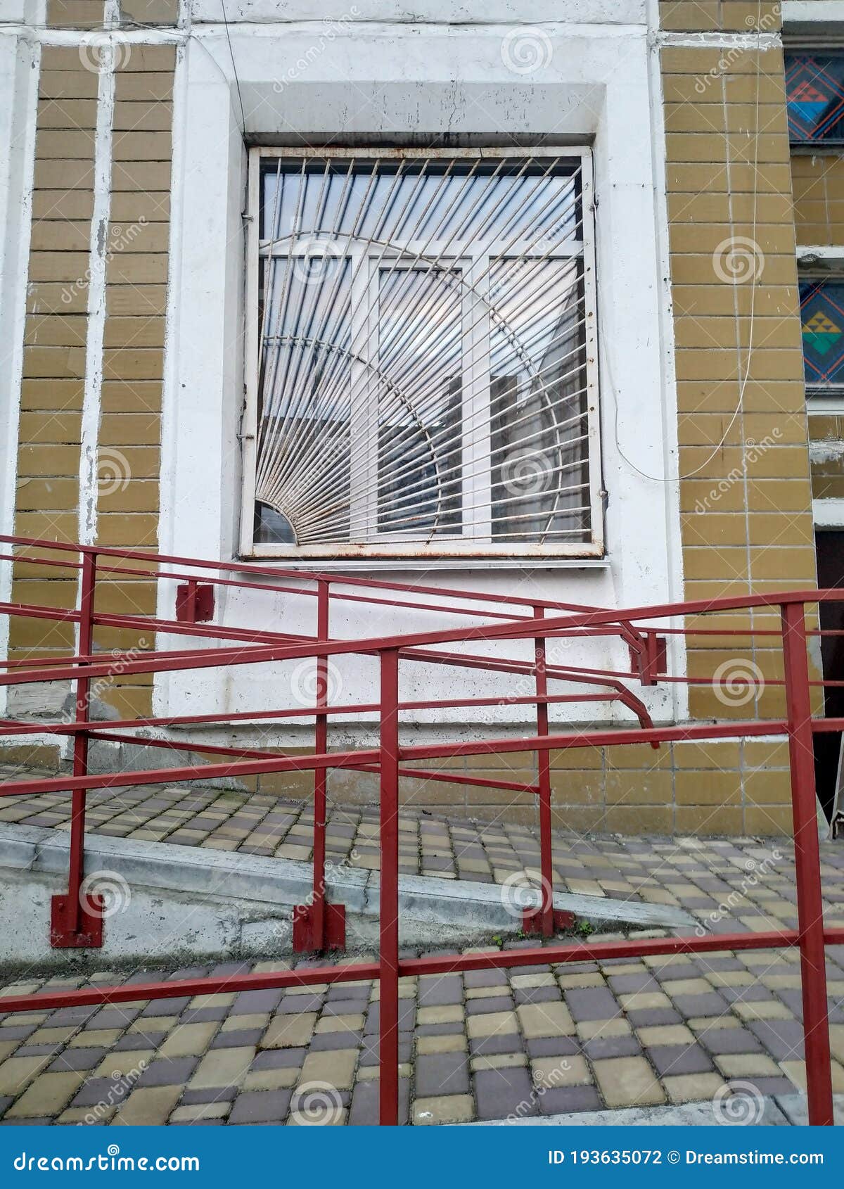 Red handrails stock photo. Image of brick, floor, iron - 193635072