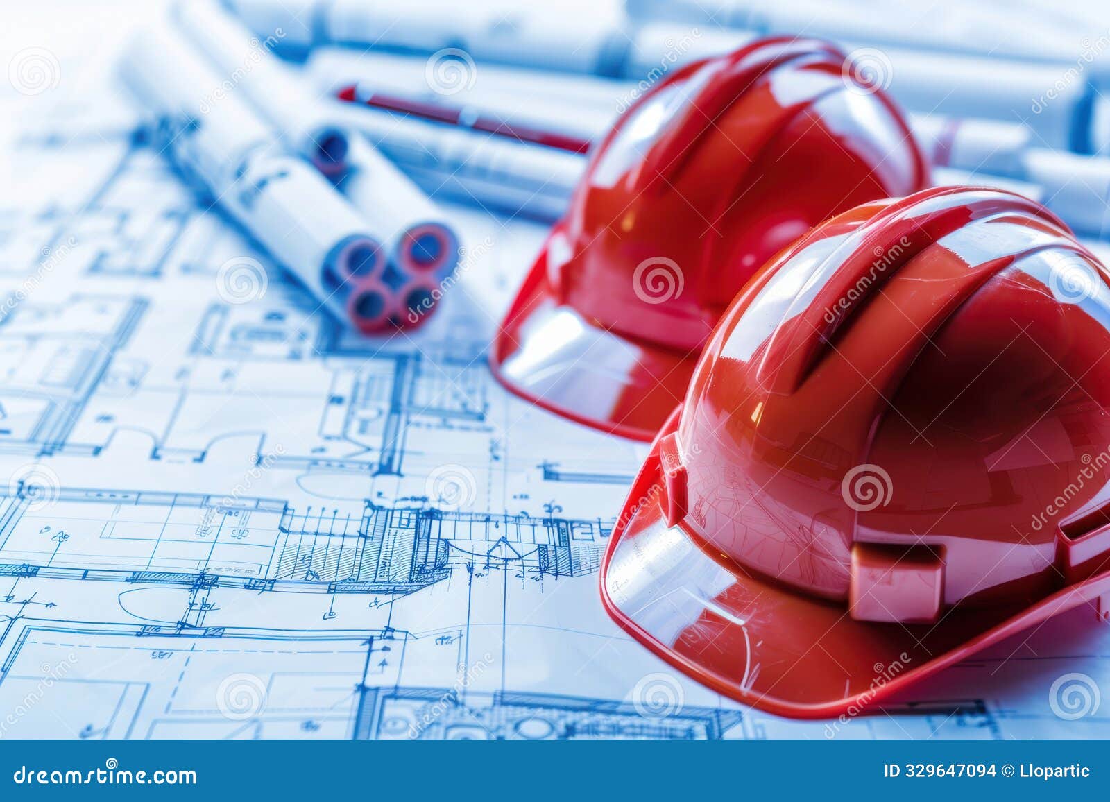 A Red Hard Hat and Drafting Tools on Top of Architectural Blueprints ...