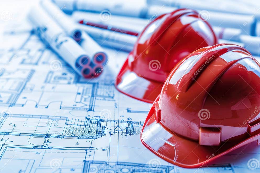 A Red Hard Hat and Drafting Tools on Top of Architectural Blueprints ...