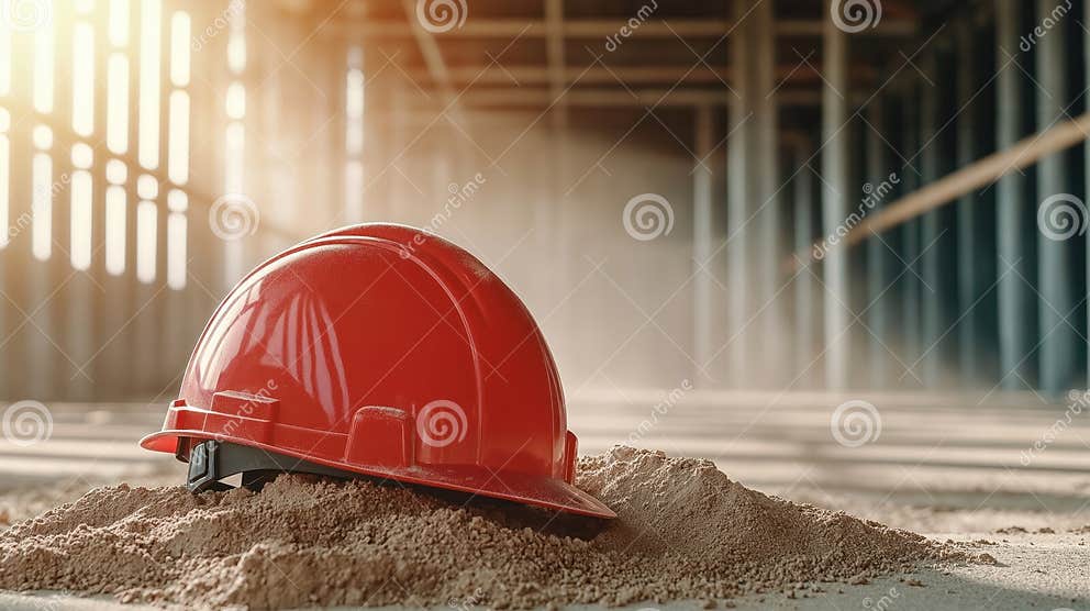 Red Hard Hat Rests on Dusty Construction Site. Site Shows Construction ...