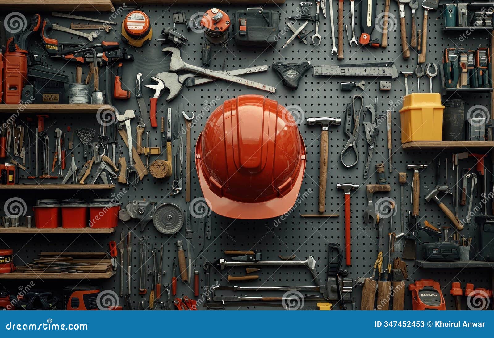 Red Hard Hat in a Wall of Tools Top View of Work Space with a Safety ...