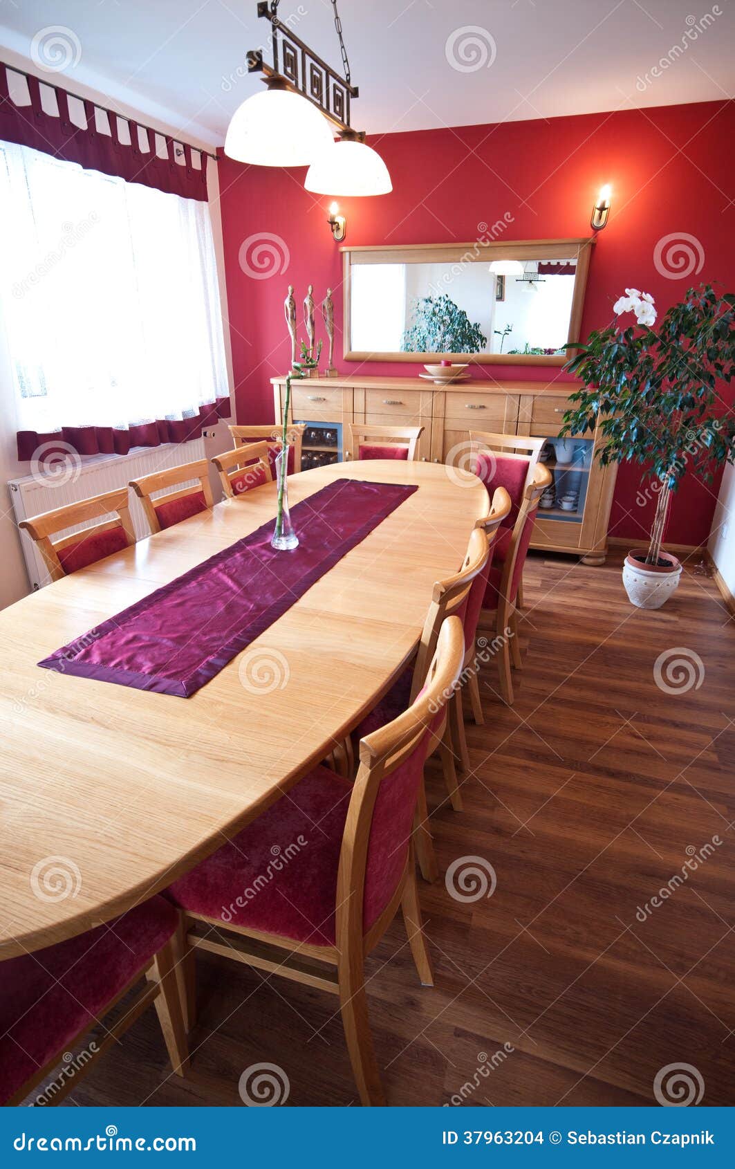 Red hardwood dining room stock photo. Image of decor - 37963204