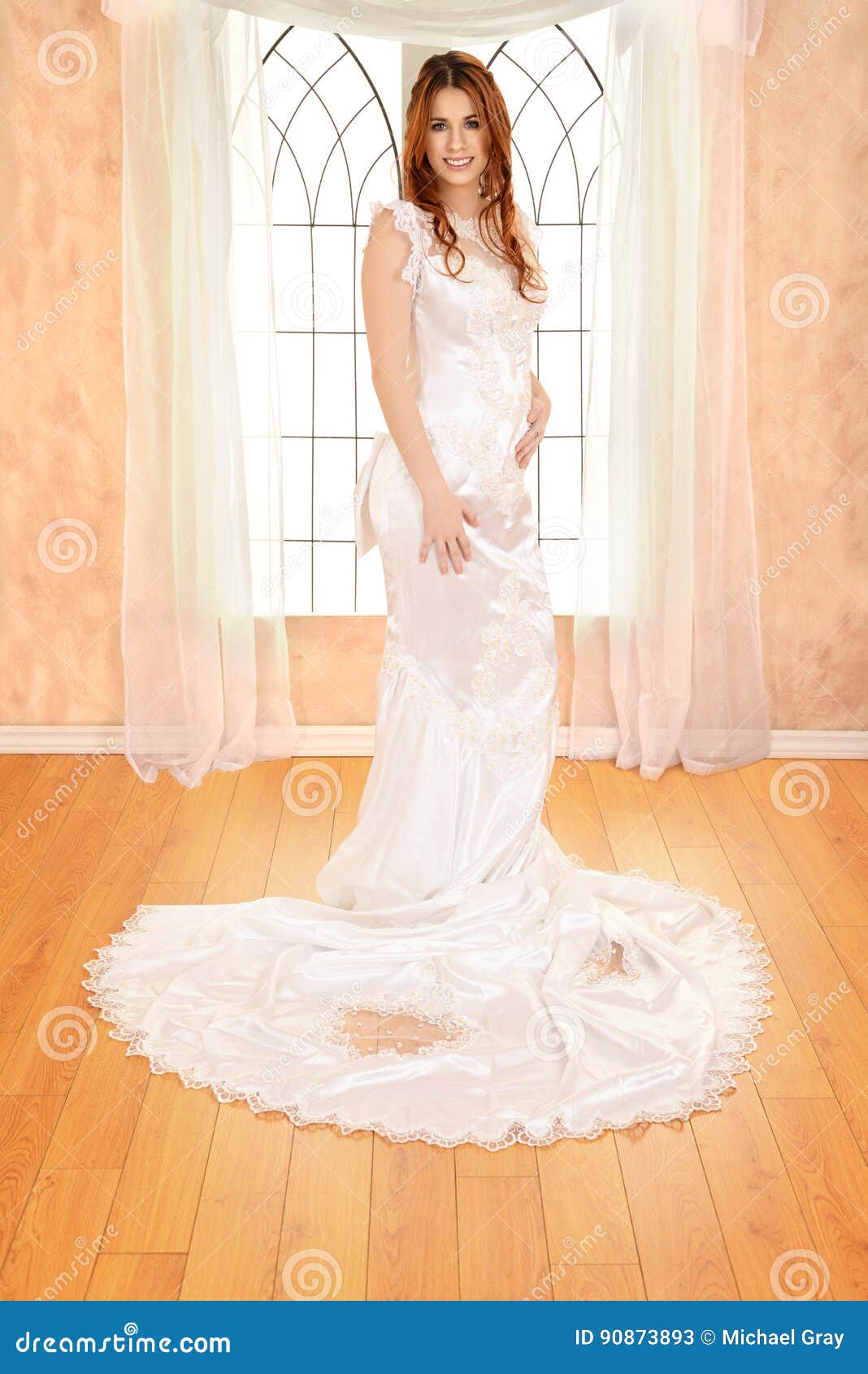 Red Head Bride Wearing Gown with Train Stock Image - Image of floor ...