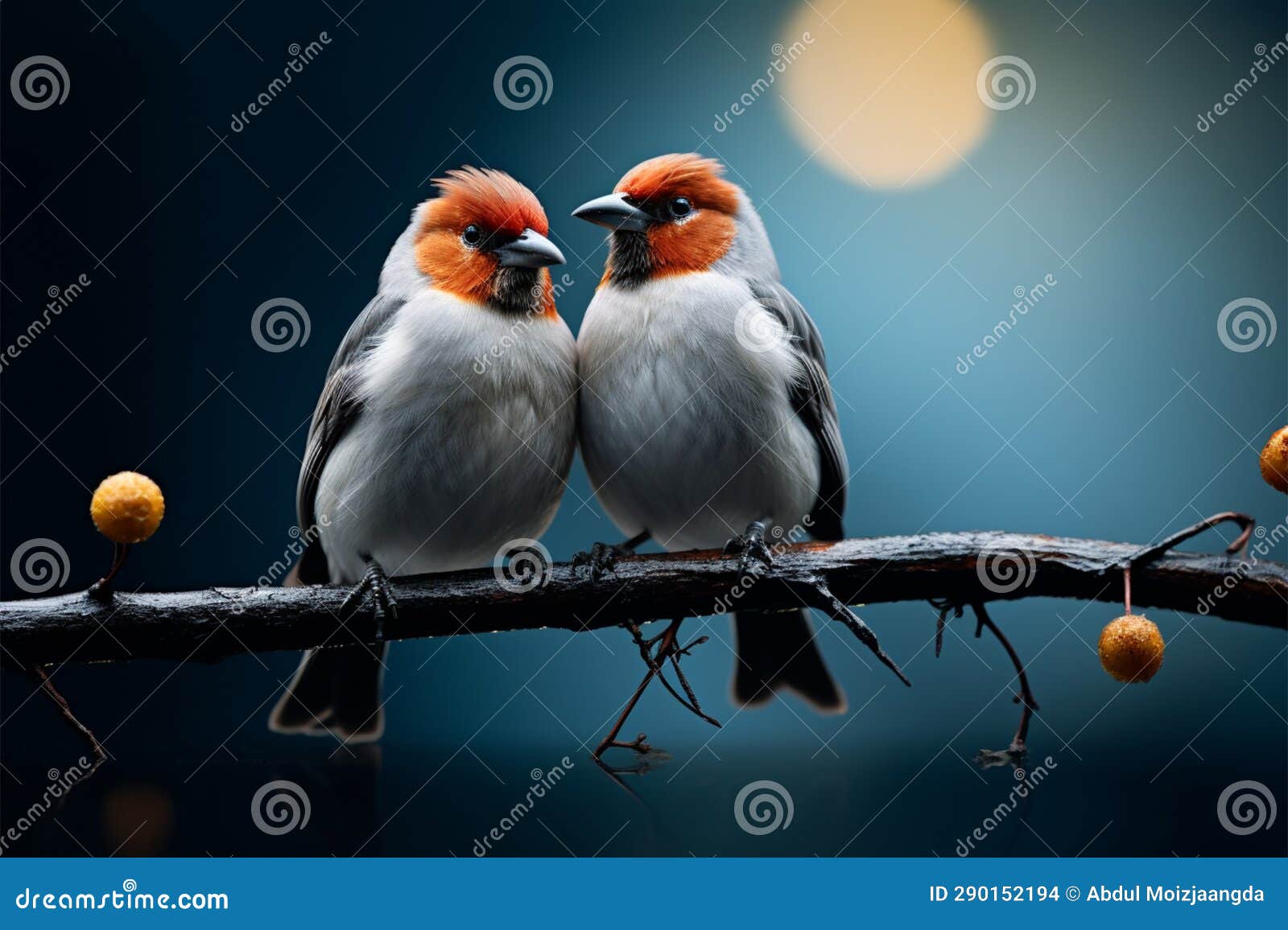 Red Headed Birds Perched in the Moonlight, on a Dark Backdrop Stock ...
