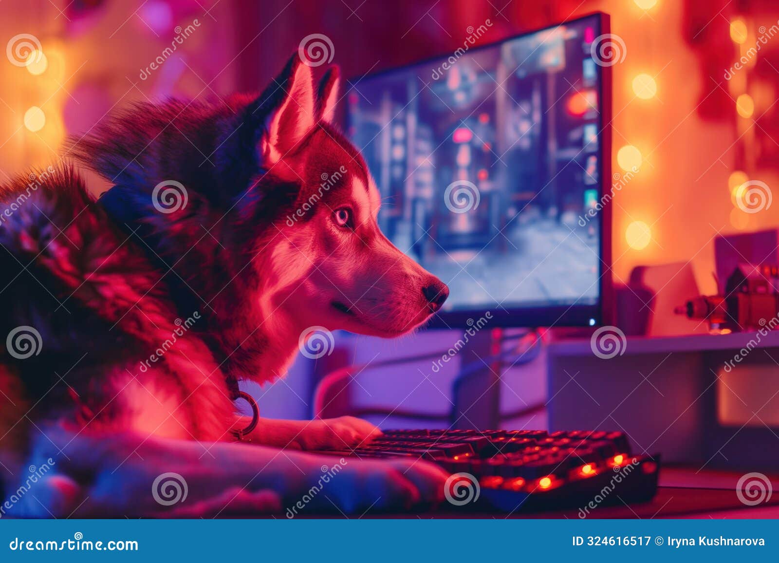 Red-headed Dog Rests on Computer Keyboard with Cityscape Screen. Canine ...