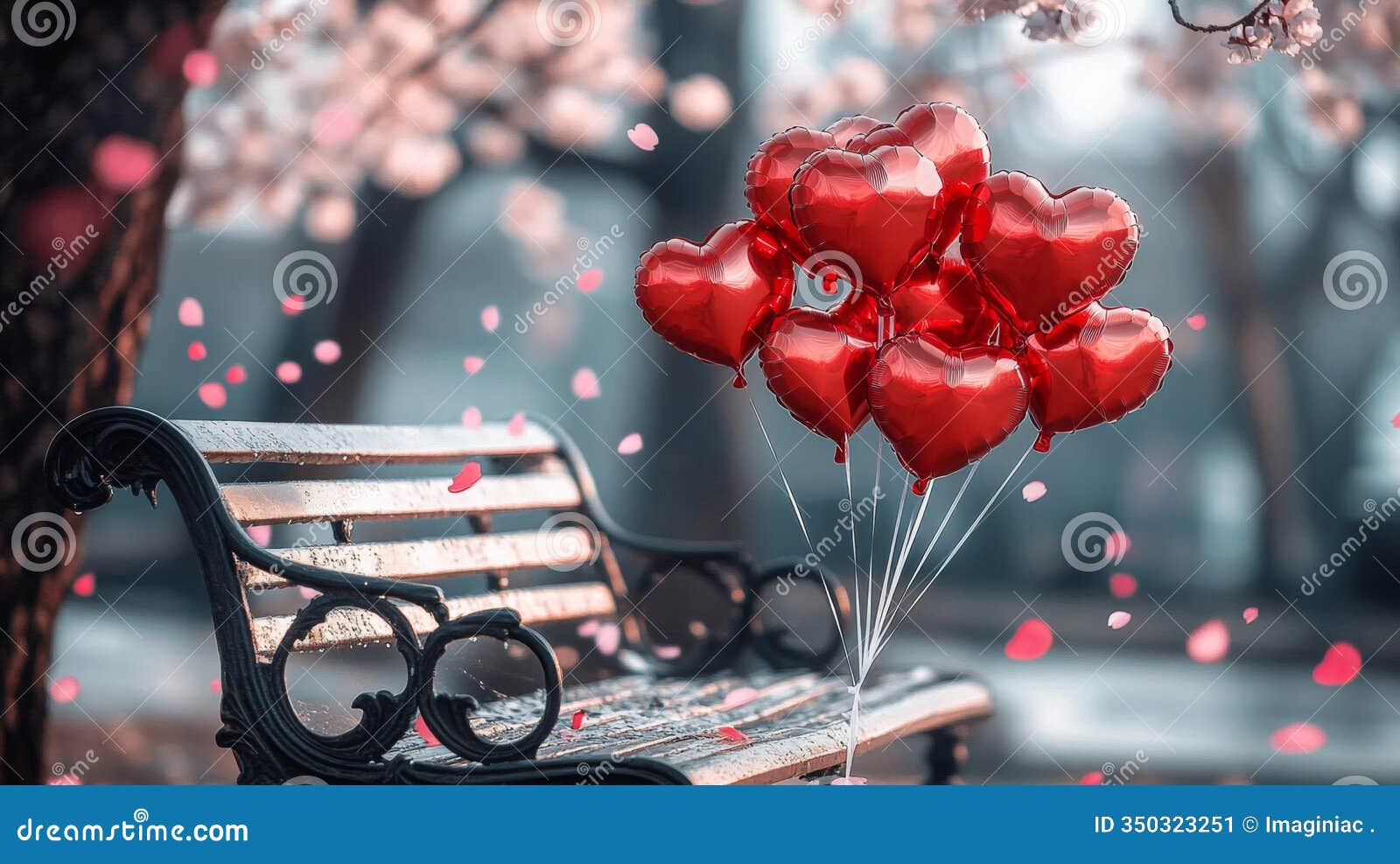 Red Heart Balloons Resting on Park Bench Stock Illustration ...